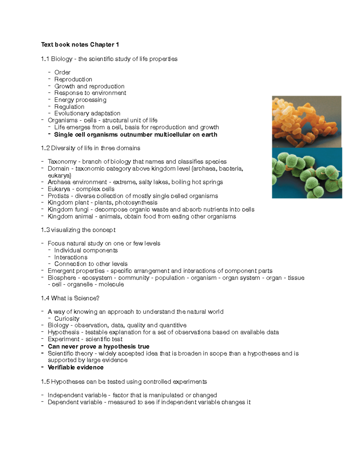 Chapter 1 textbook notes - Text book notes Chapter 1 1 Biology - the ...