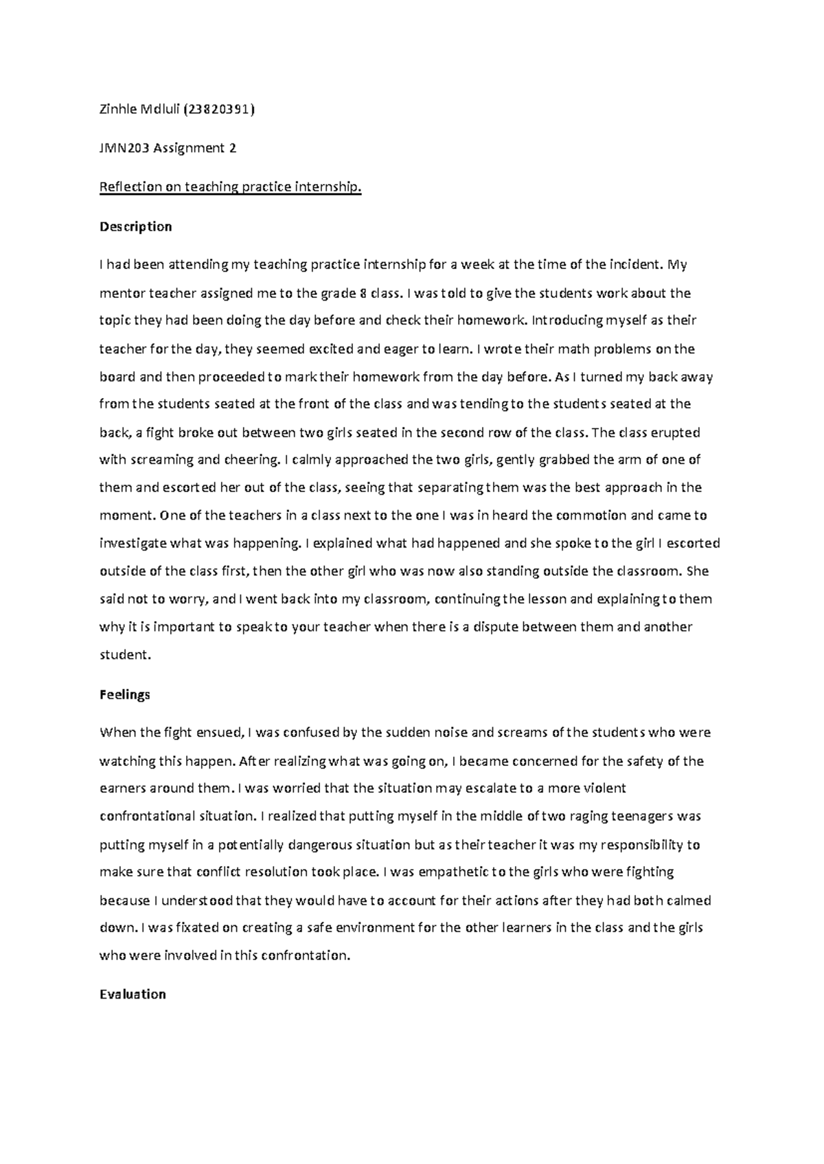 Assignment 2 JMN203 - Zinhle Mdluli (23820391) JMN203 Assignment 2 Reflection on teaching ...