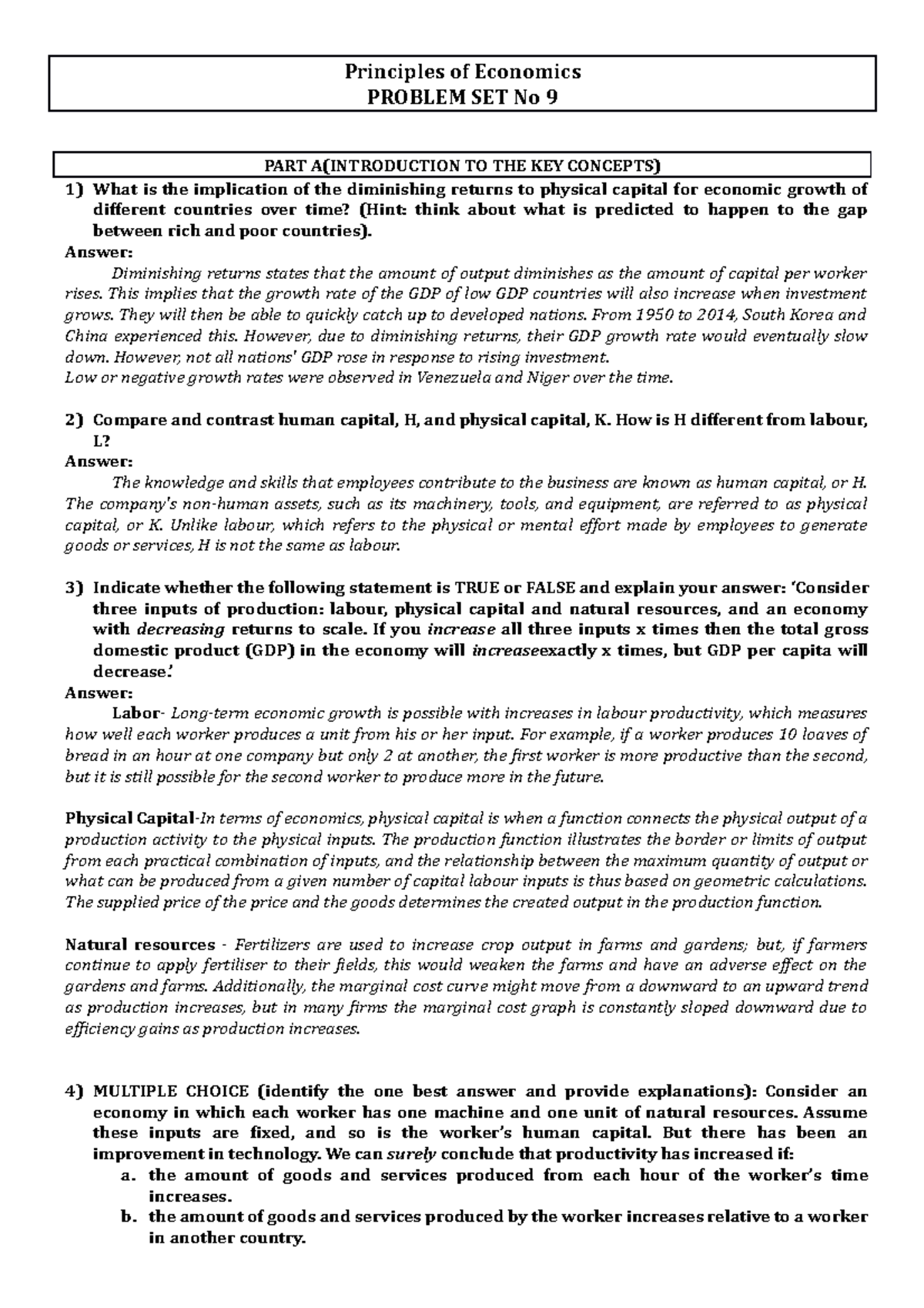 PS9 solution - ps9 - Principles of Economics PROBLEM SET No 9 PART A ...