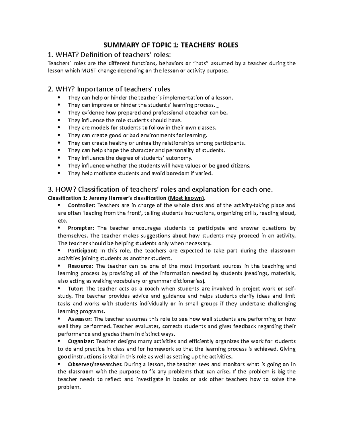 Summary of Topic 1 Teachers Roles - SUMMARY OF TOPIC 1: TEACHERS’ ROLES ...