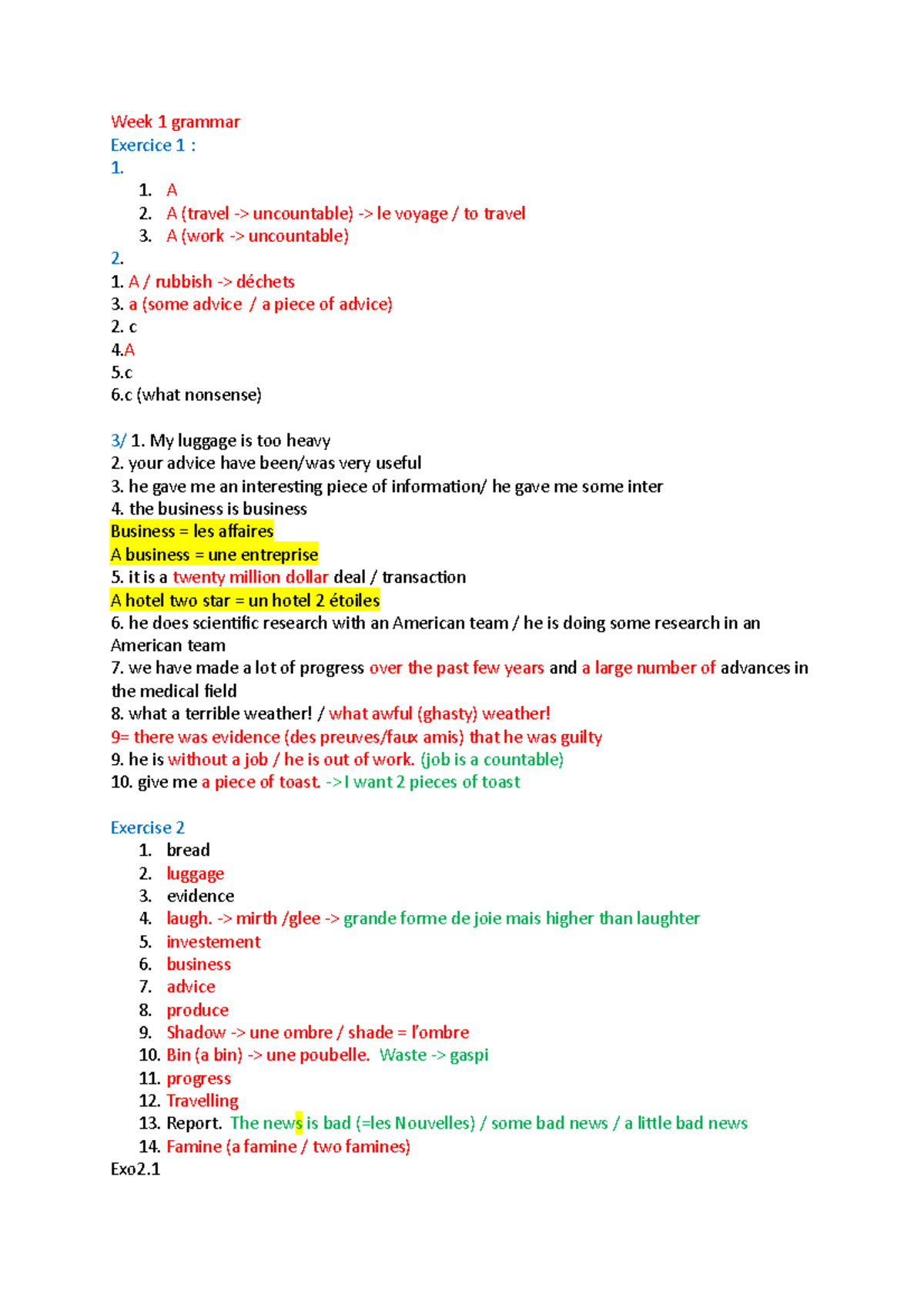 Week 1 grammar - Week 1 grammar Exercice 1 : 1. 1. A 2. A (travel ...