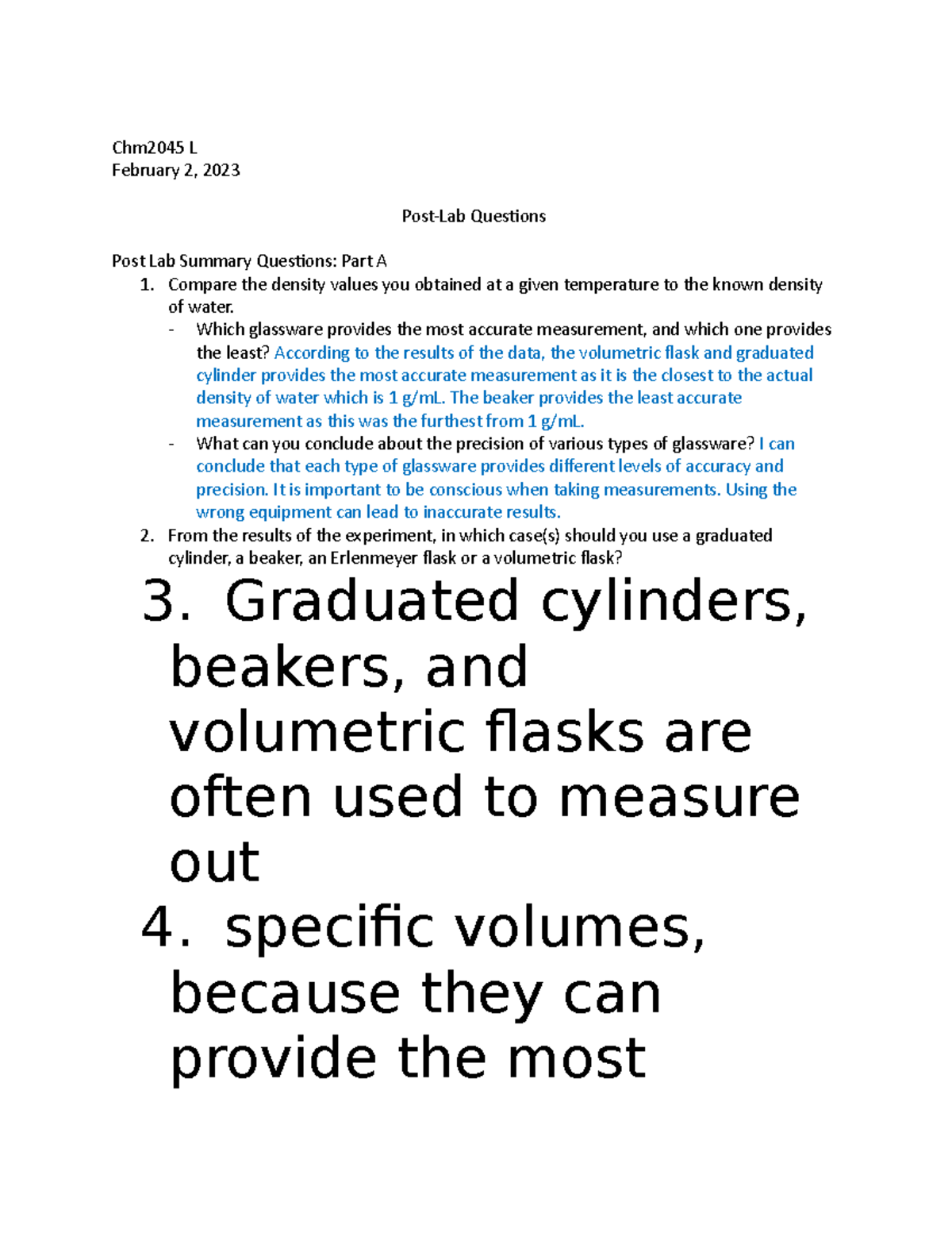 Post Lab Summary with Questions-1 - Chm2045 L February 2, 2023 Post-Lab Questions Post Lab ...