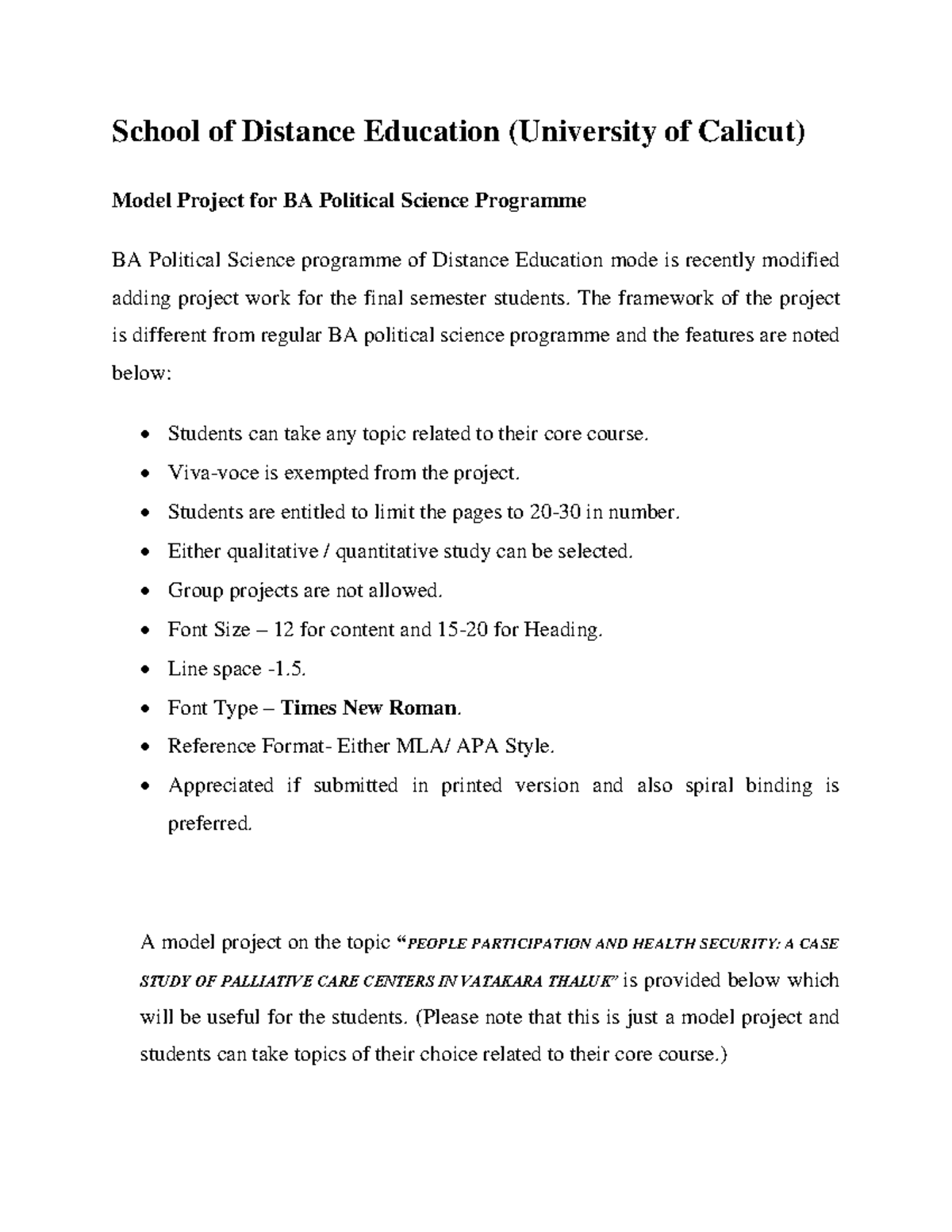 Model Project for BA Political Science Programme - School of Distance ...