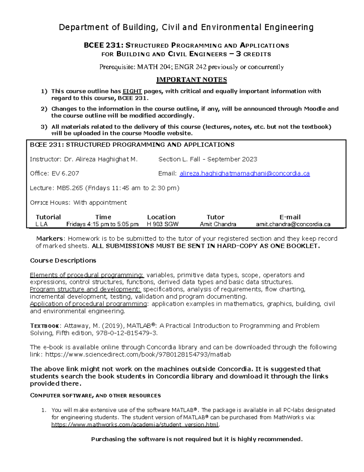 BCEE 231 Outline - Fall 2023 - Section L A. Haghighat - Department of ...