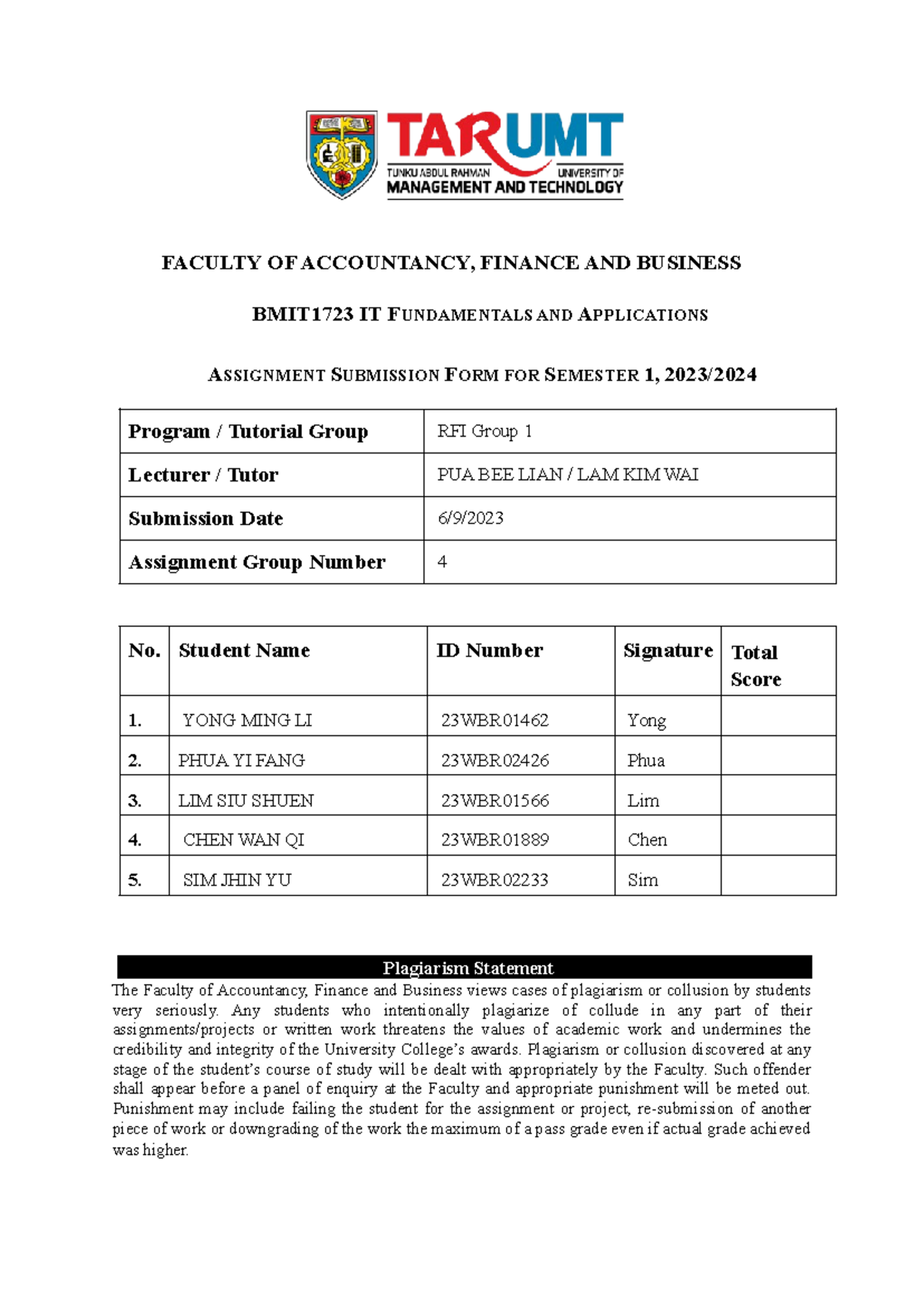 01 Assignment Submission Form, Plagiarism Statement and Form - FACULTY ...