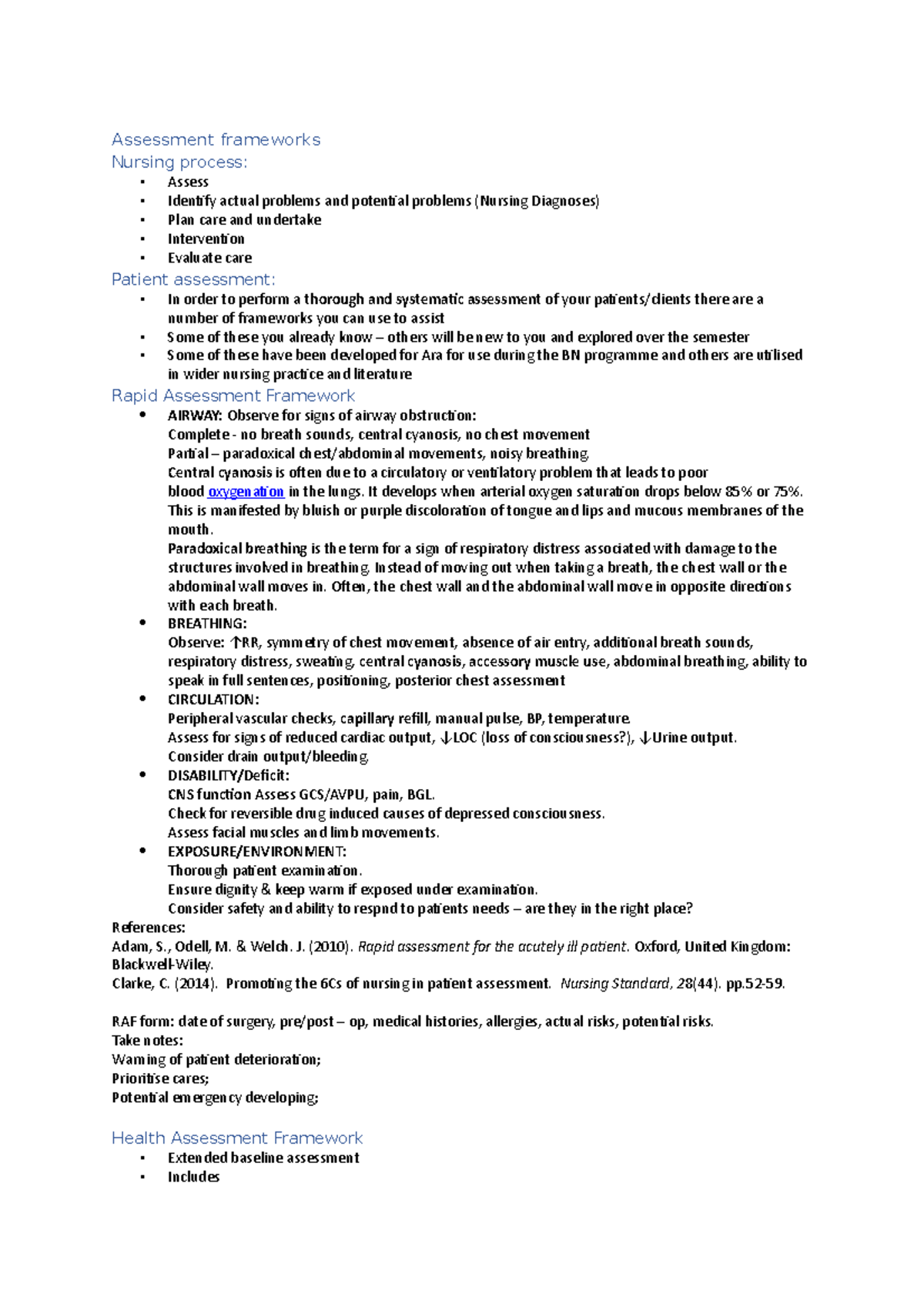 Assessment frameworks - Assessment frameworks Nursing process: Assess ...