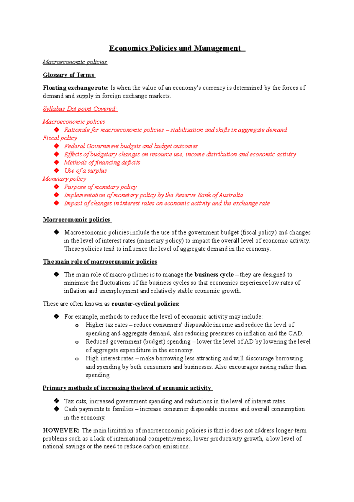 HSC Economics Notes Topic Four - Economics Policies and Management ...