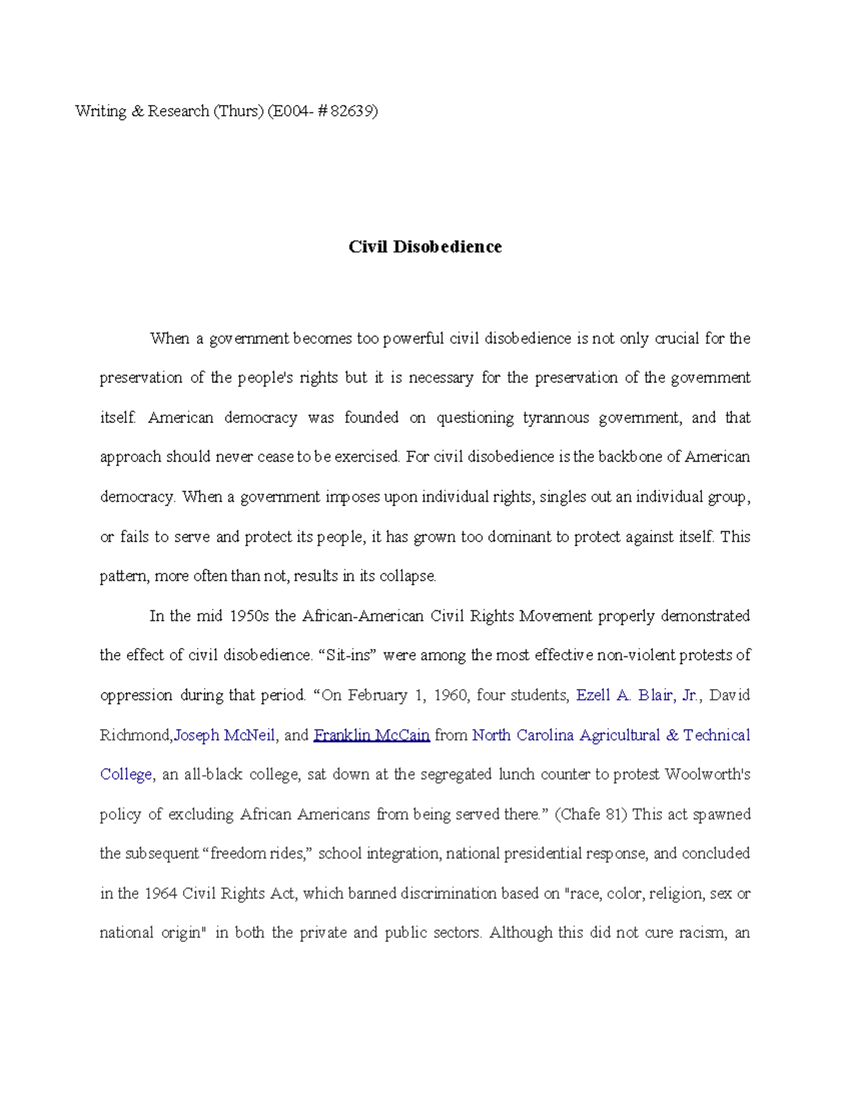 Civil Disobedience - Grade: A - Writing & Research (Thurs) (E004 ...
