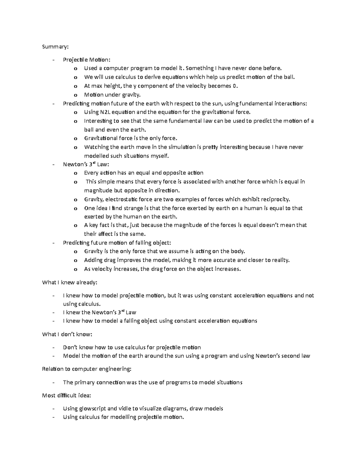 Week 4 Preview - Summary: Projectile Motion: o Used a computer program ...