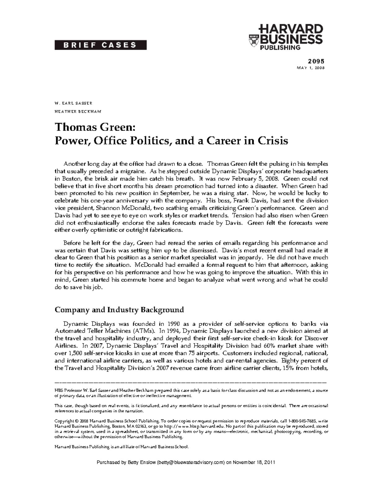 Harvard Case-Study - case study - HBS Professor W. Earl Sasser and ...