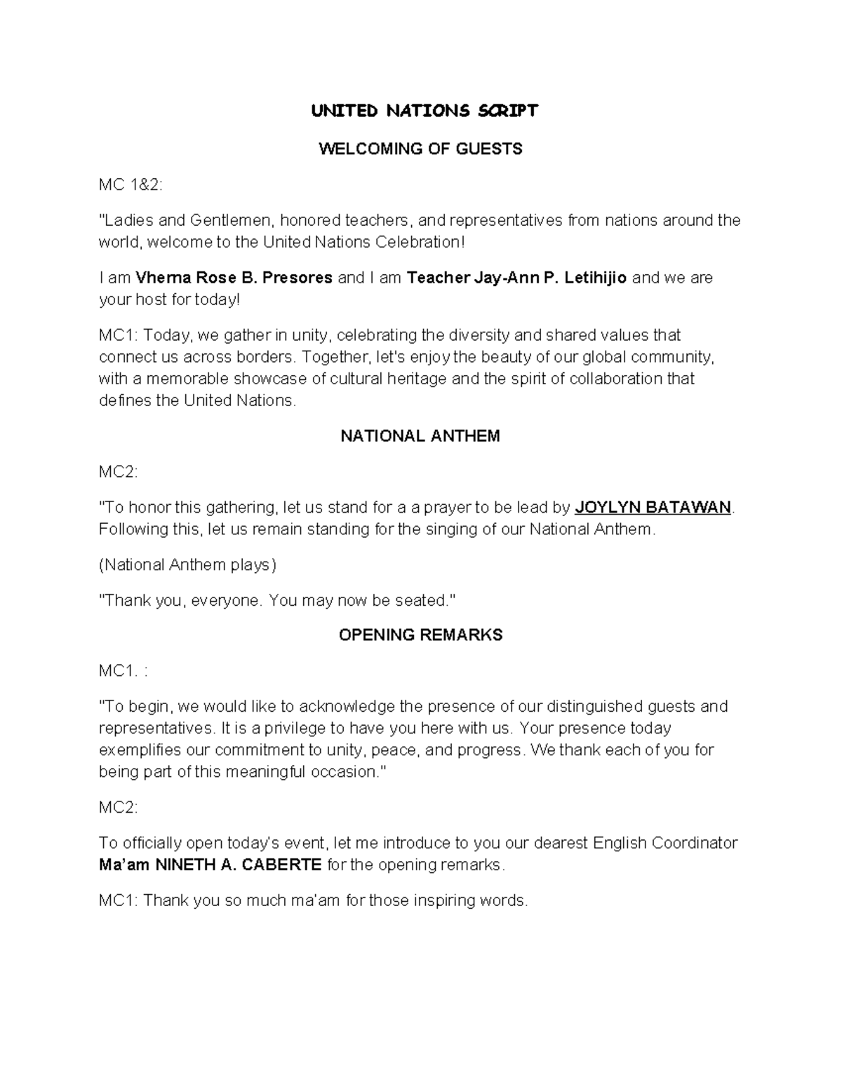 Un 2 - SCRIPT GUIDE FOR MC - UNITED NATIONS SCRIPT WELCOMING OF GUESTS ...