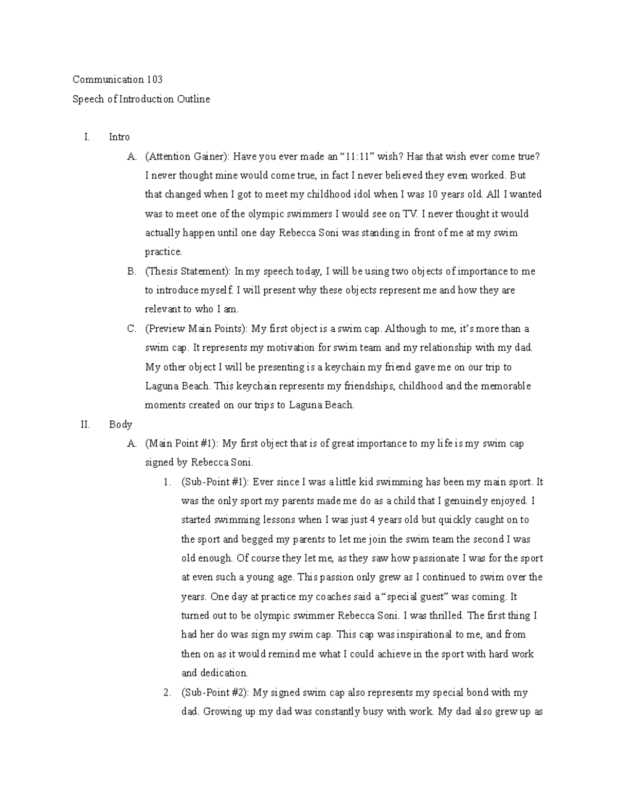 Speech of intro outline - Communication 103 Speech of Introduction ...