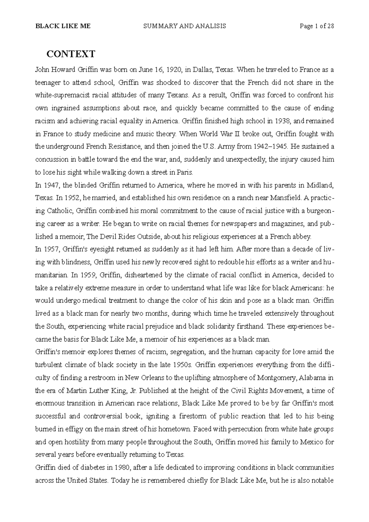 Black Like Me - BLACK LIKE ME SUMMARY AND ANALISIS Page 1 of 28 CONTEXT ...