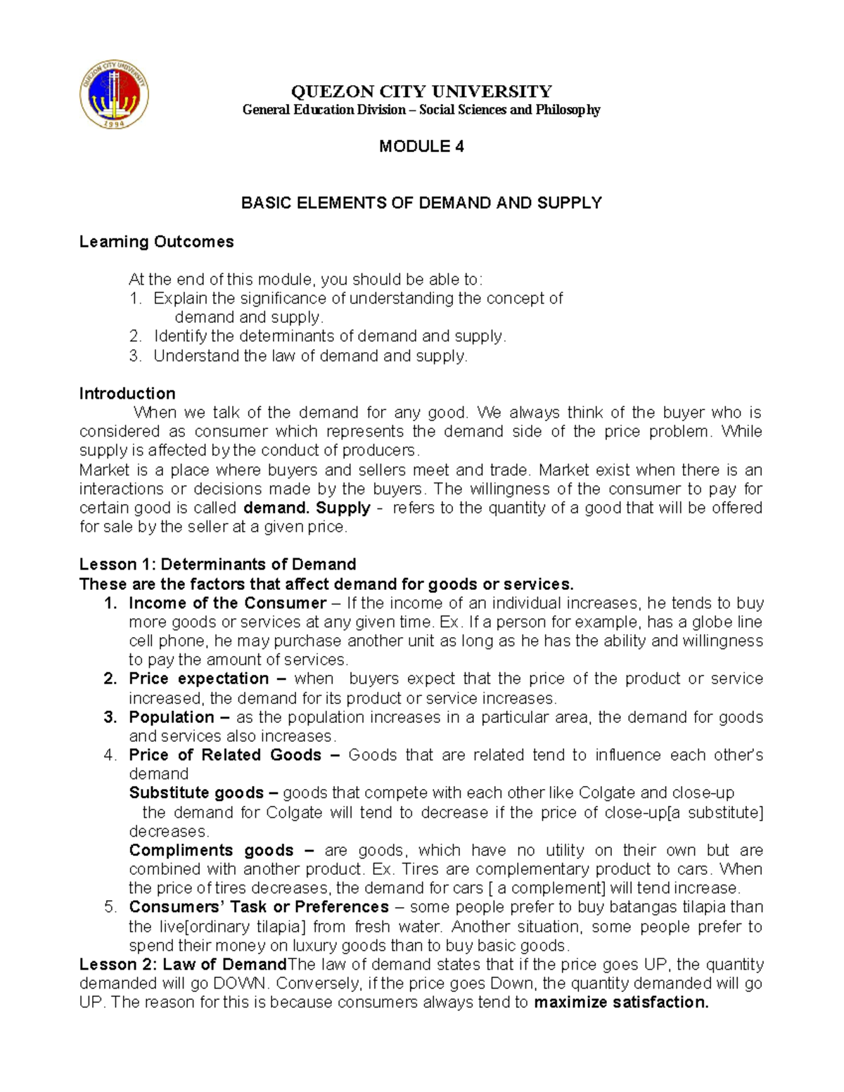 Eco module 4 - this will give you a brief knowledge about economics - QUEZON CITY UNIVERSITY ...