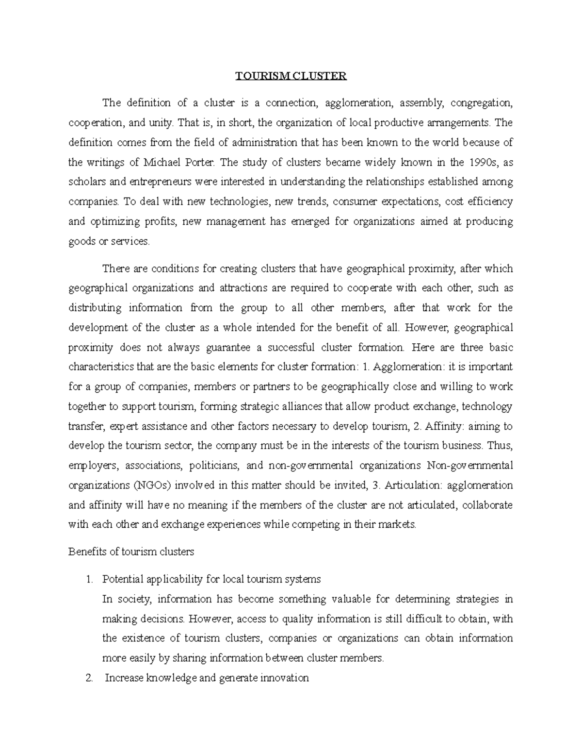 Tourism Cluster - TOURISM CLUSTER The definition of a cluster is a ...