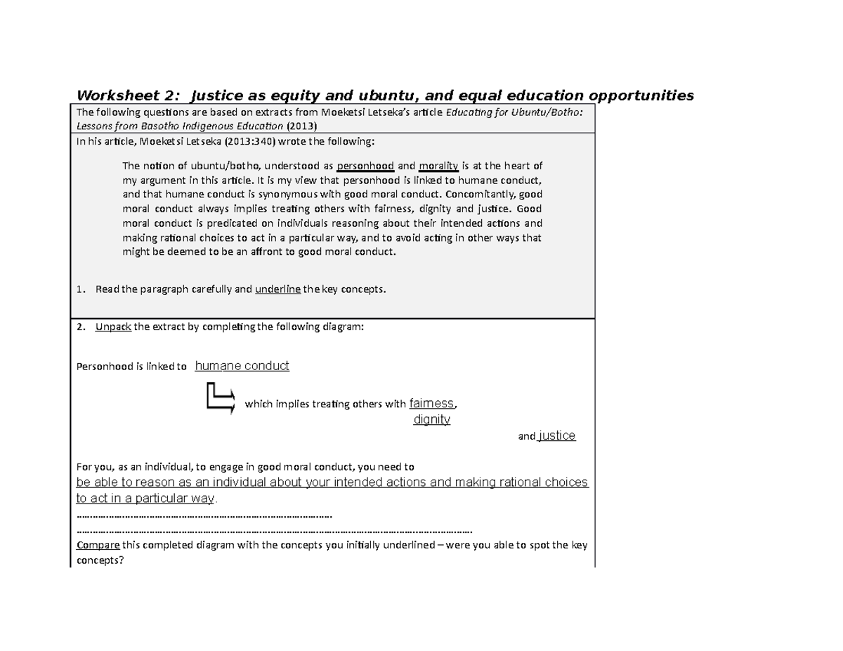 Worksheet 2 - Worksheet 2: Justice as equity and ubuntu, and equal ...