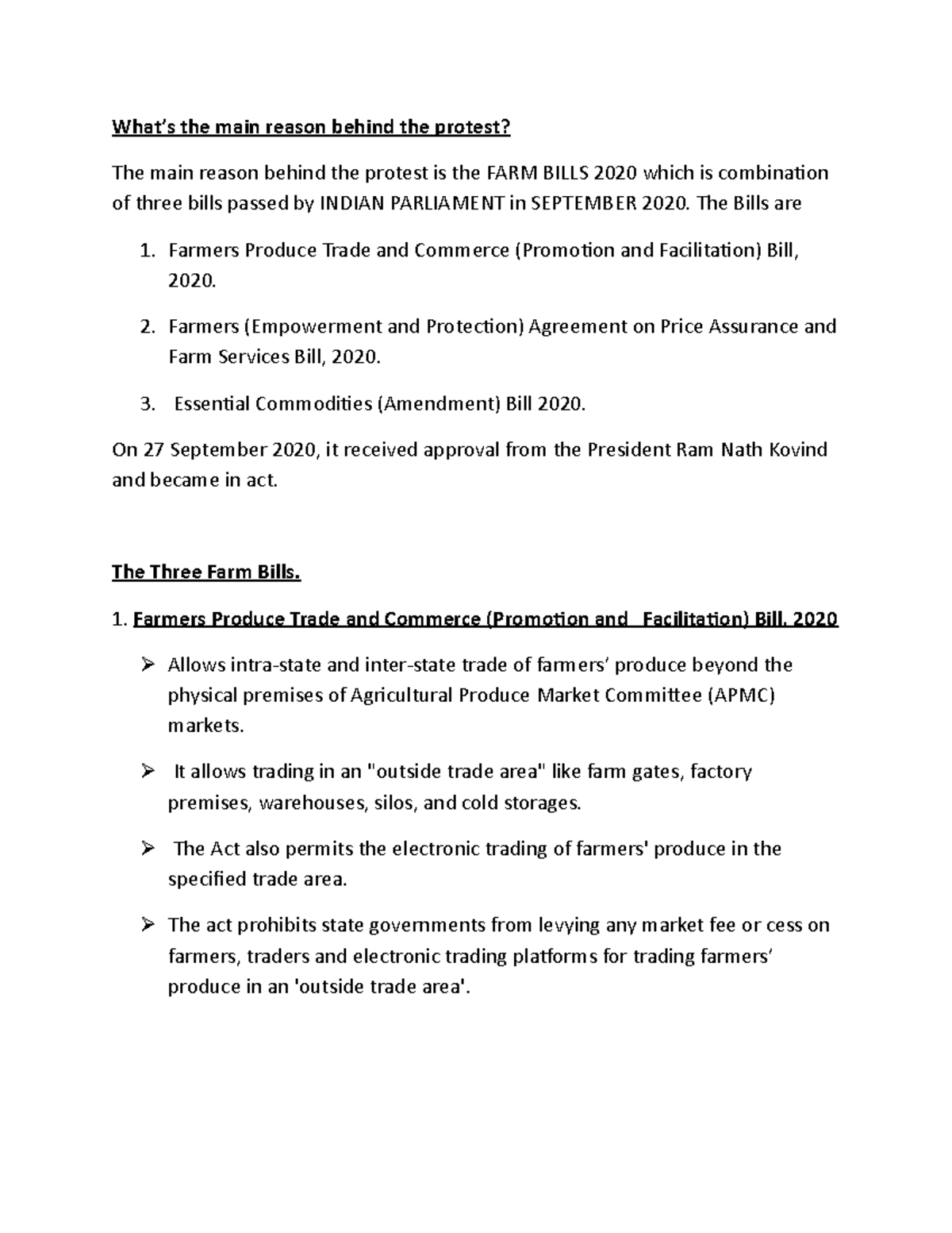 FA Presntation - Based on the Three farm law bills imposed by the ...