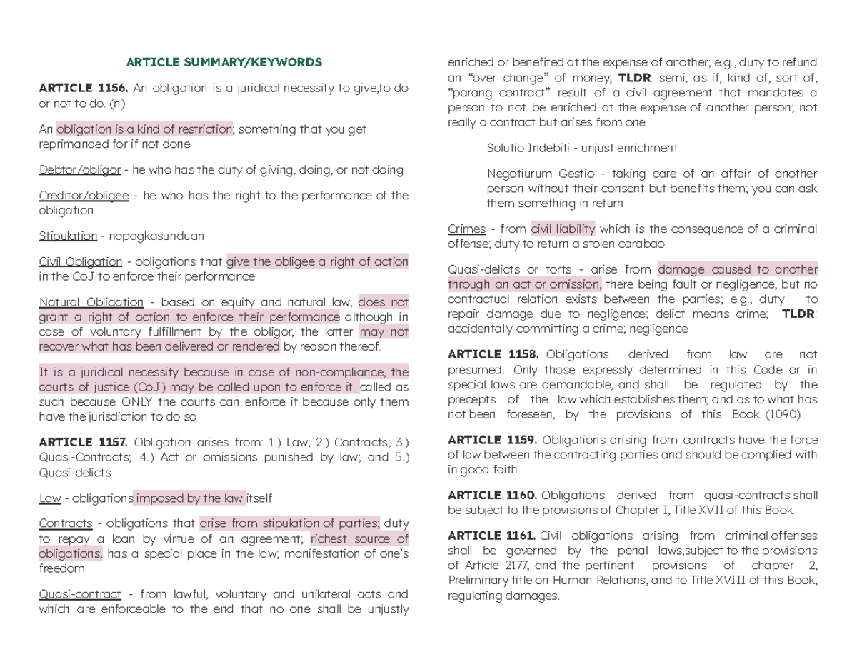 Article 1156 1170 ARTICLE SUMMARY KEYWORDS ARTICLE 1156 An