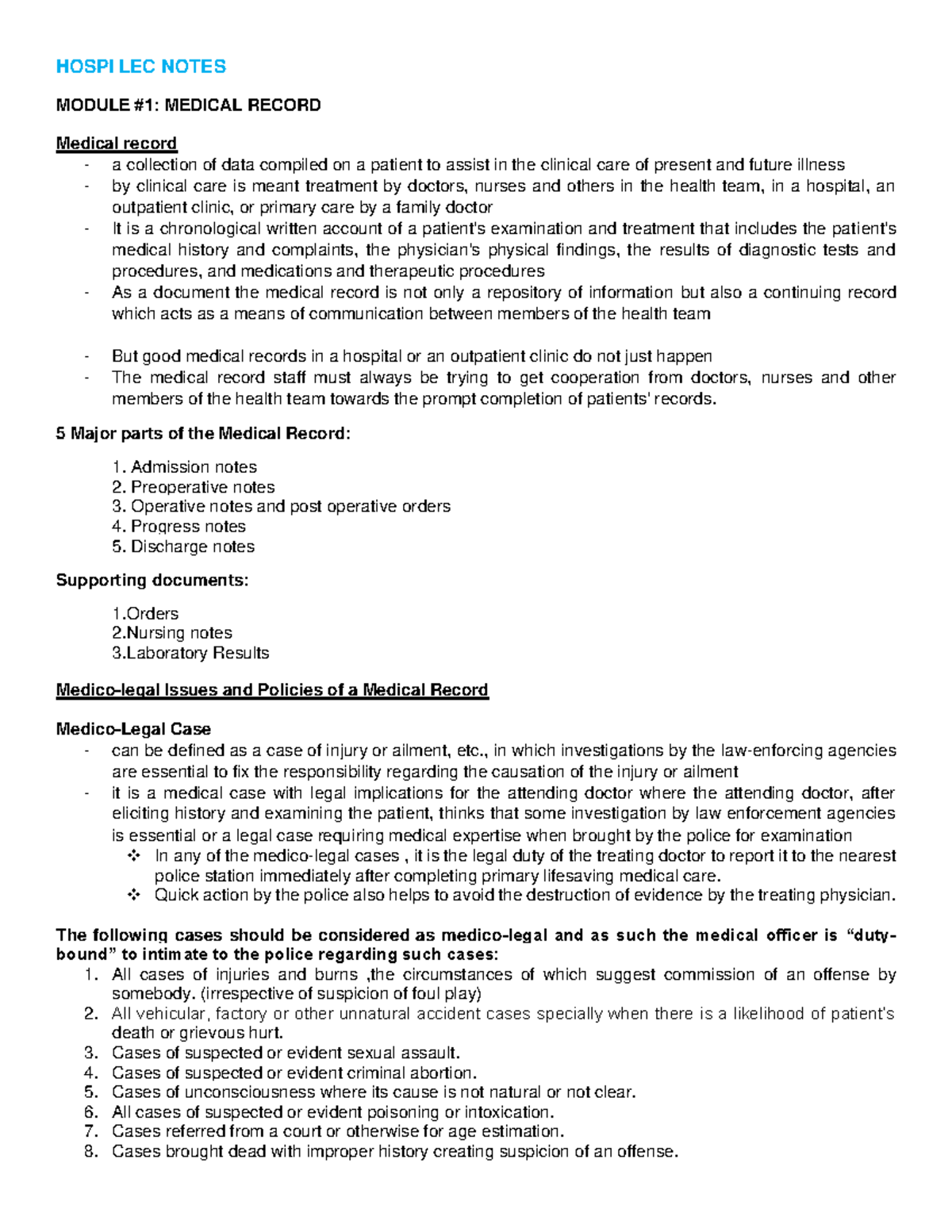 Hospi Lec Module Notes - MODULE #1: MEDICAL RECORD Medical record - a ...