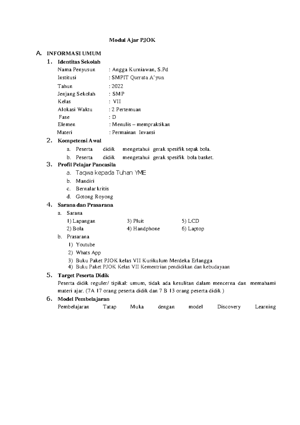 3675 Modul-ajar-Bab-1-fiks - Modul Ajar PJOK A. INFORMASI UMUM 1. Identitas Sekolah Nama ...