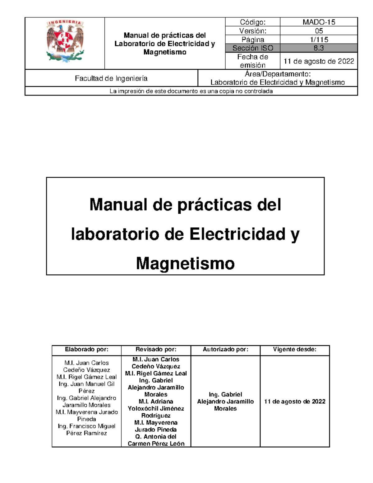 MADO15MP - 122 - Manual de prácticas del Laboratorio de Electricidad y Magnetismo Versión: 05 ...