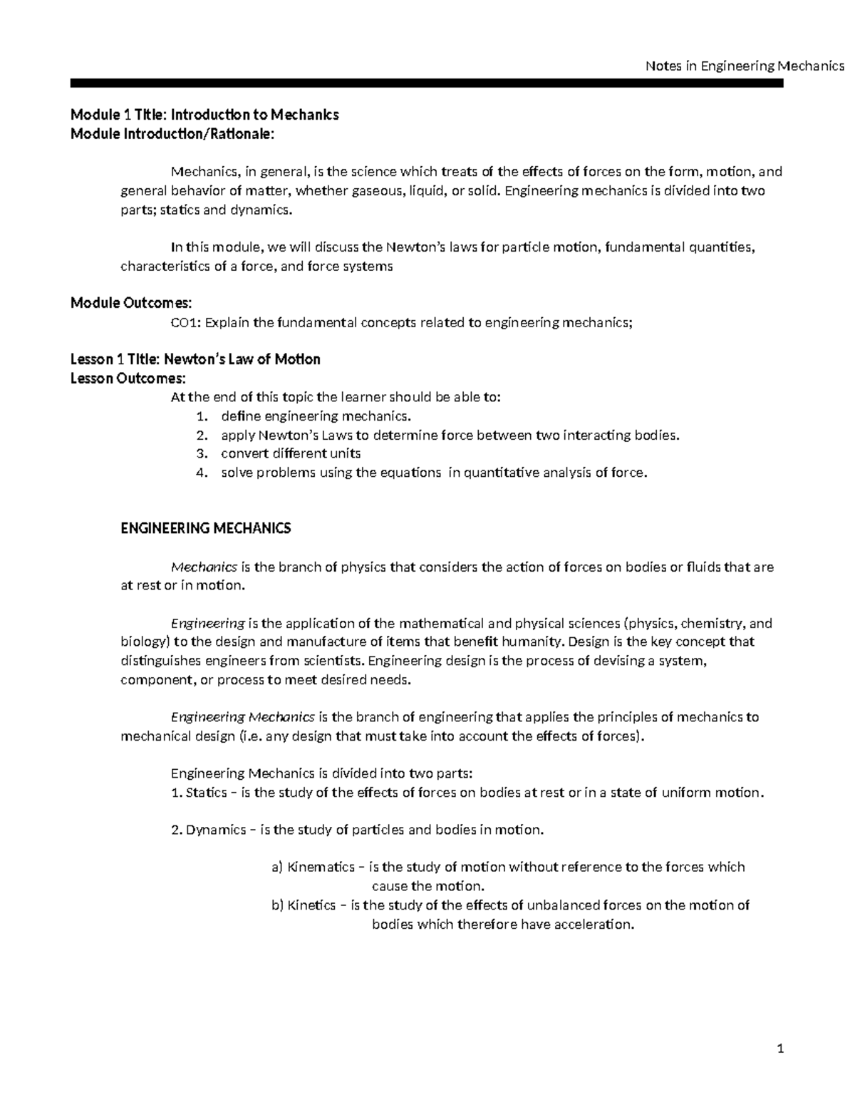 Module 1- intro to engrg mechanics - Module 1 Title: Introduction to ...