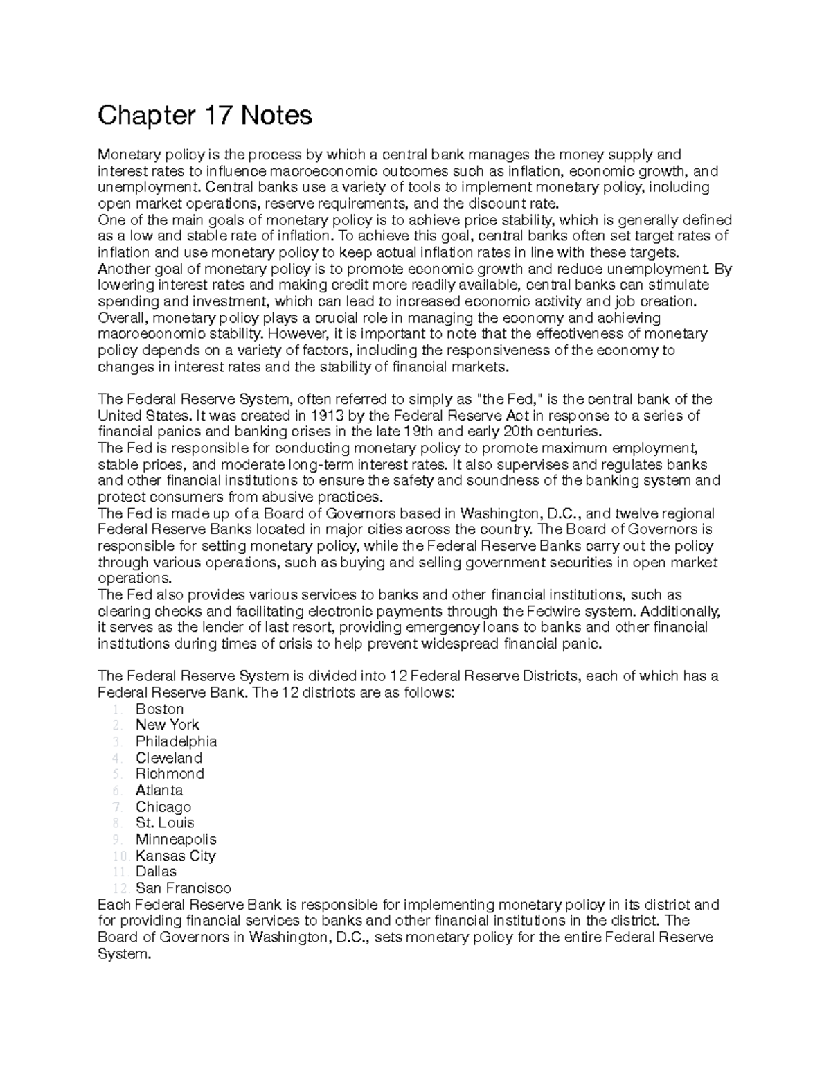 Chapter 17 Notes - Chapter 17 Notes Monetary policy is the process by ...