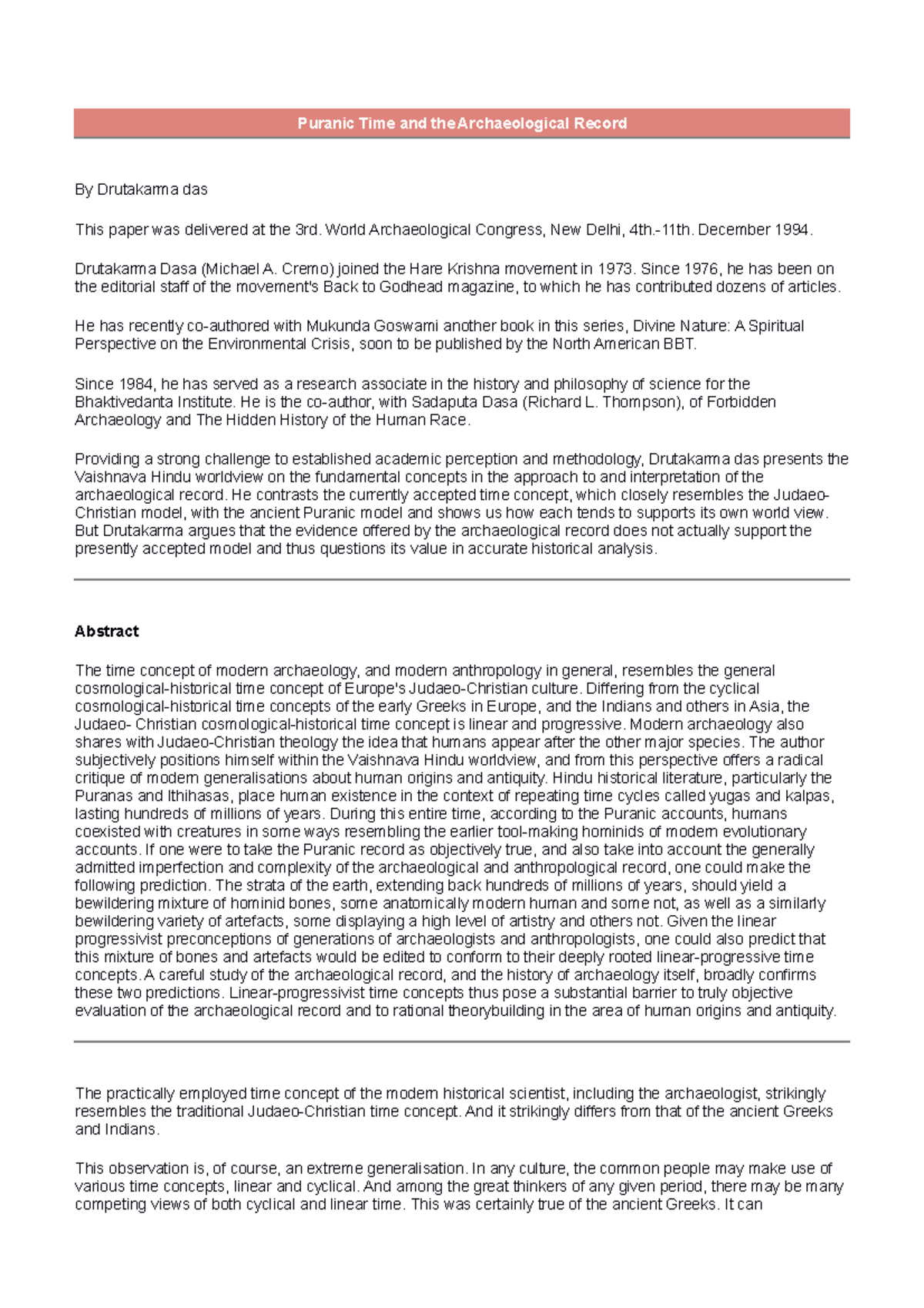 Puranic Time and the Archaeological Record - World Archaeological ...