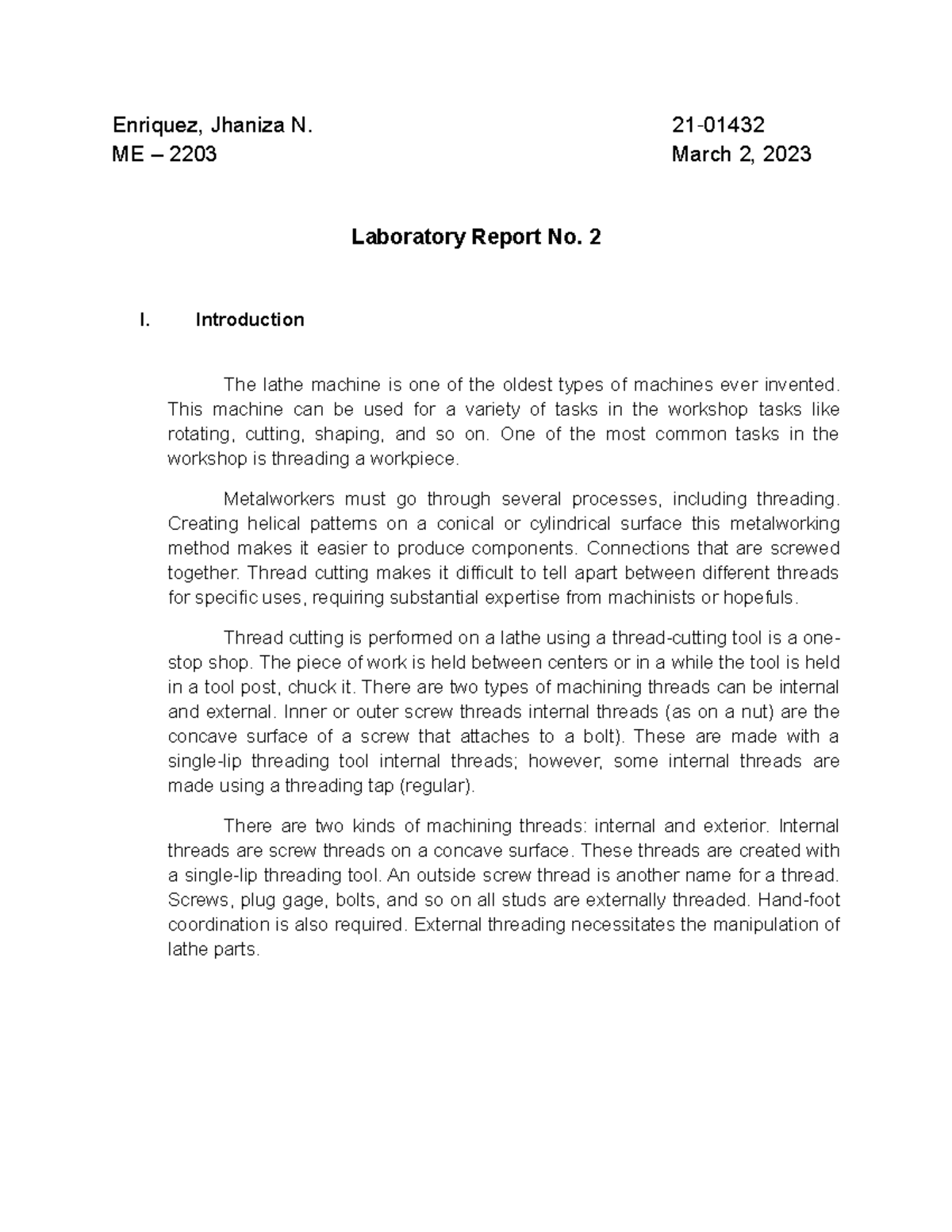 Laboratory Report 2 Enriquez - Enriquez, Jhaniza N. 21 - 01432 ME ...