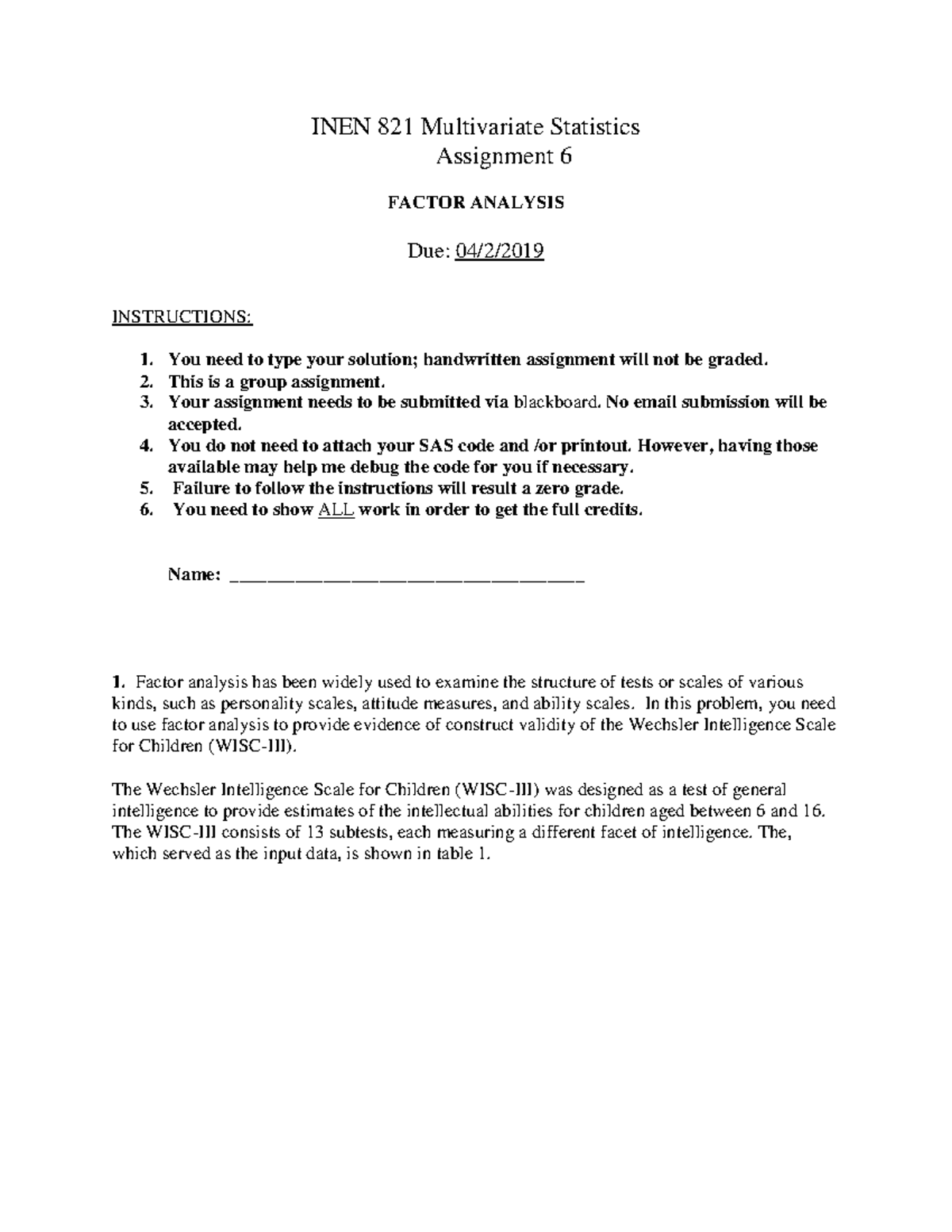 Assignment 6 key - homework solution - INEN 821 Multivariate Statistics ...