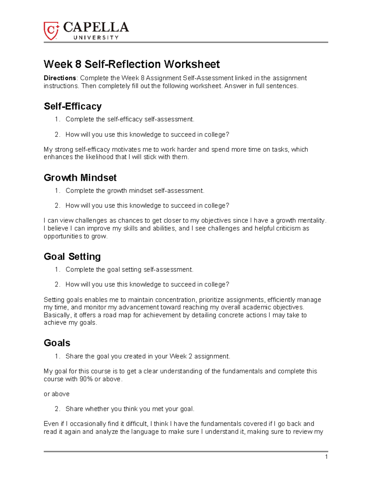 Cf week 8 self reflection - Week 8 Self-Reflection Worksheet Directions ...