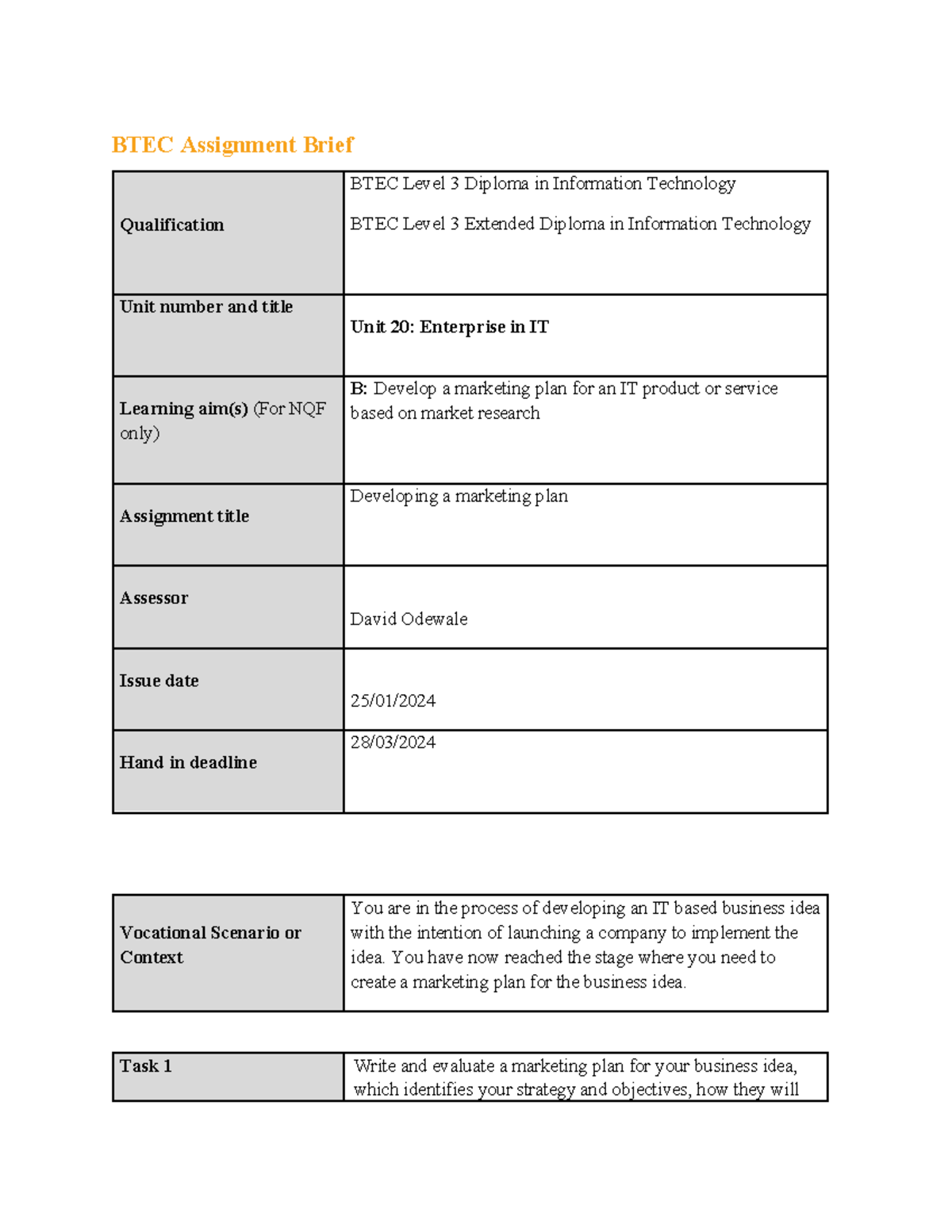 BTEC Assignment Brief - BTEC Assignment Brief Qualification BTEC Level 3 Diploma in Information ...