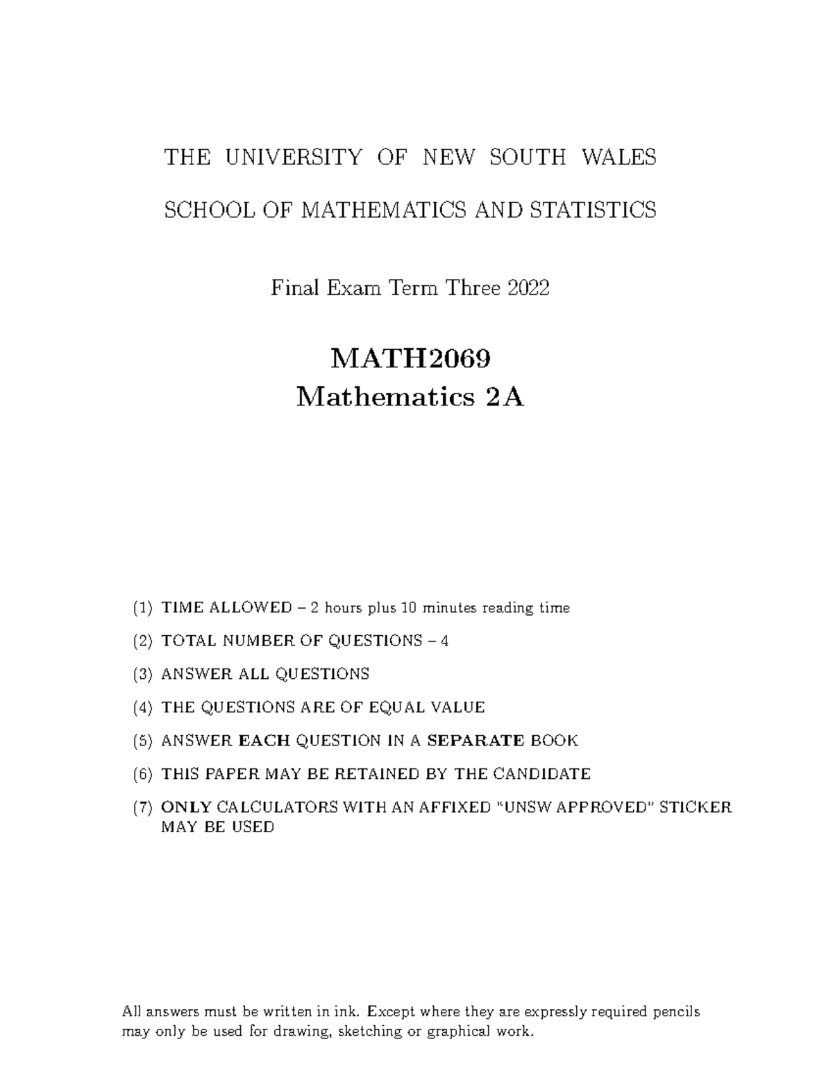 Exam-2022 - Final exam - THE UNIVERSITY OF NEW SOUTH WALES SCHOOL OF ...