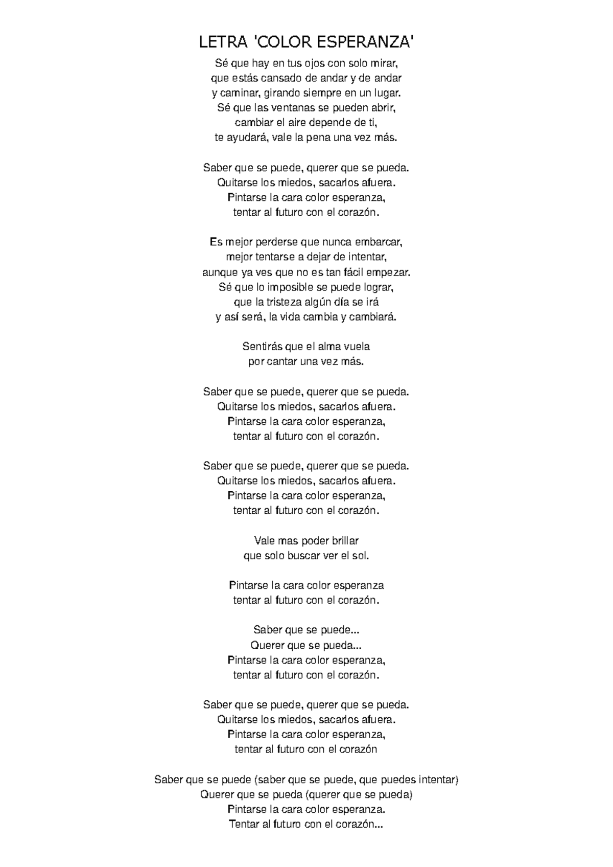 Color Esperanza - **** - LETRA 'COLOR ESPERANZA' Sé que hay en tus ojos ...