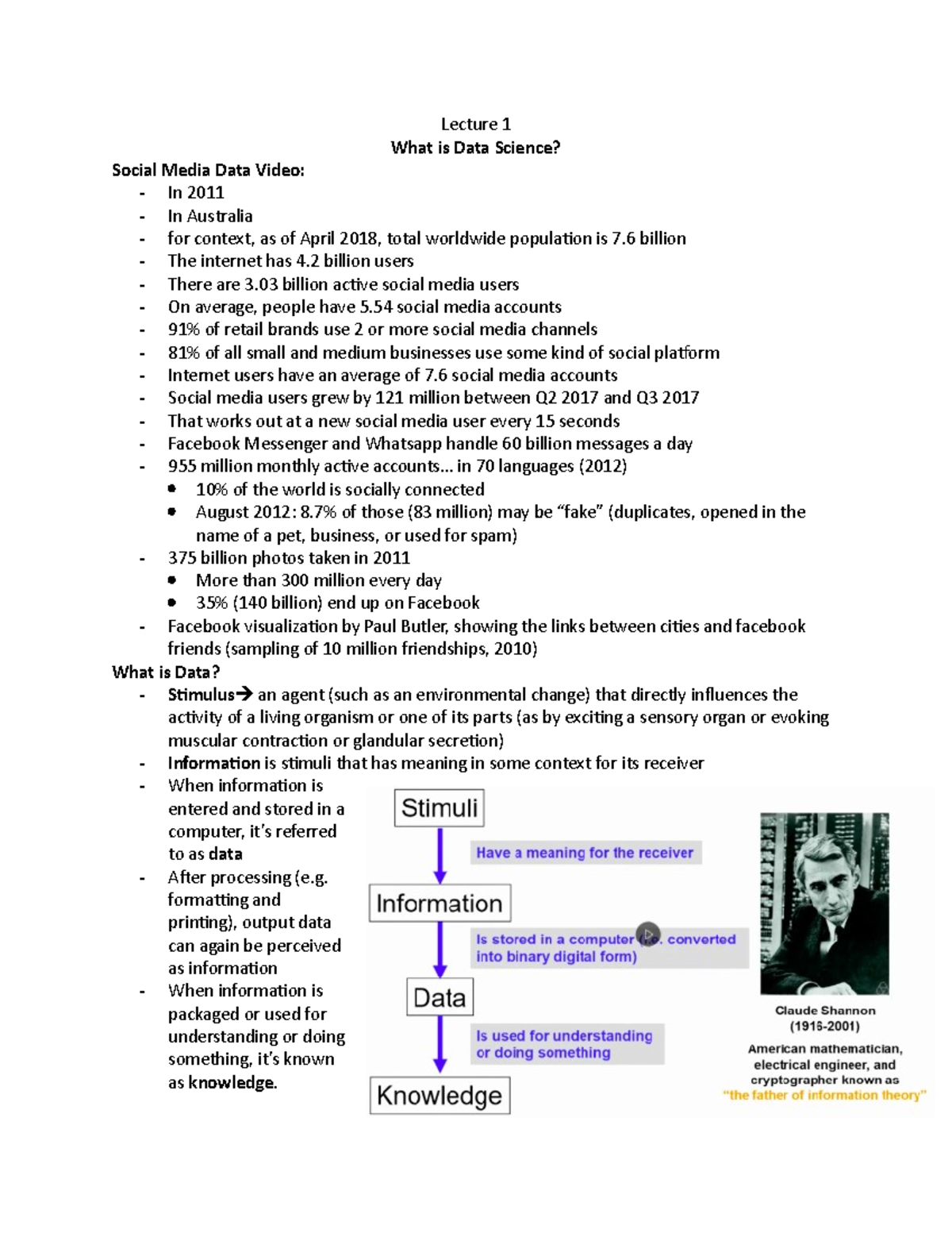 Lecture one notes (1) - Lecture 1 What is Data Science? Social Media ...