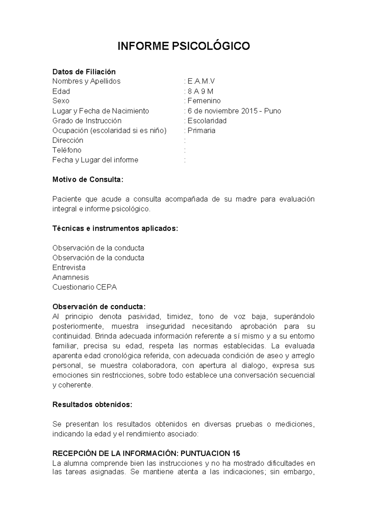4 Modelo DE Informe- Psicologico - INFORME PSICOLÓGICO Datos de Filiación Nombres y Apellidos ...