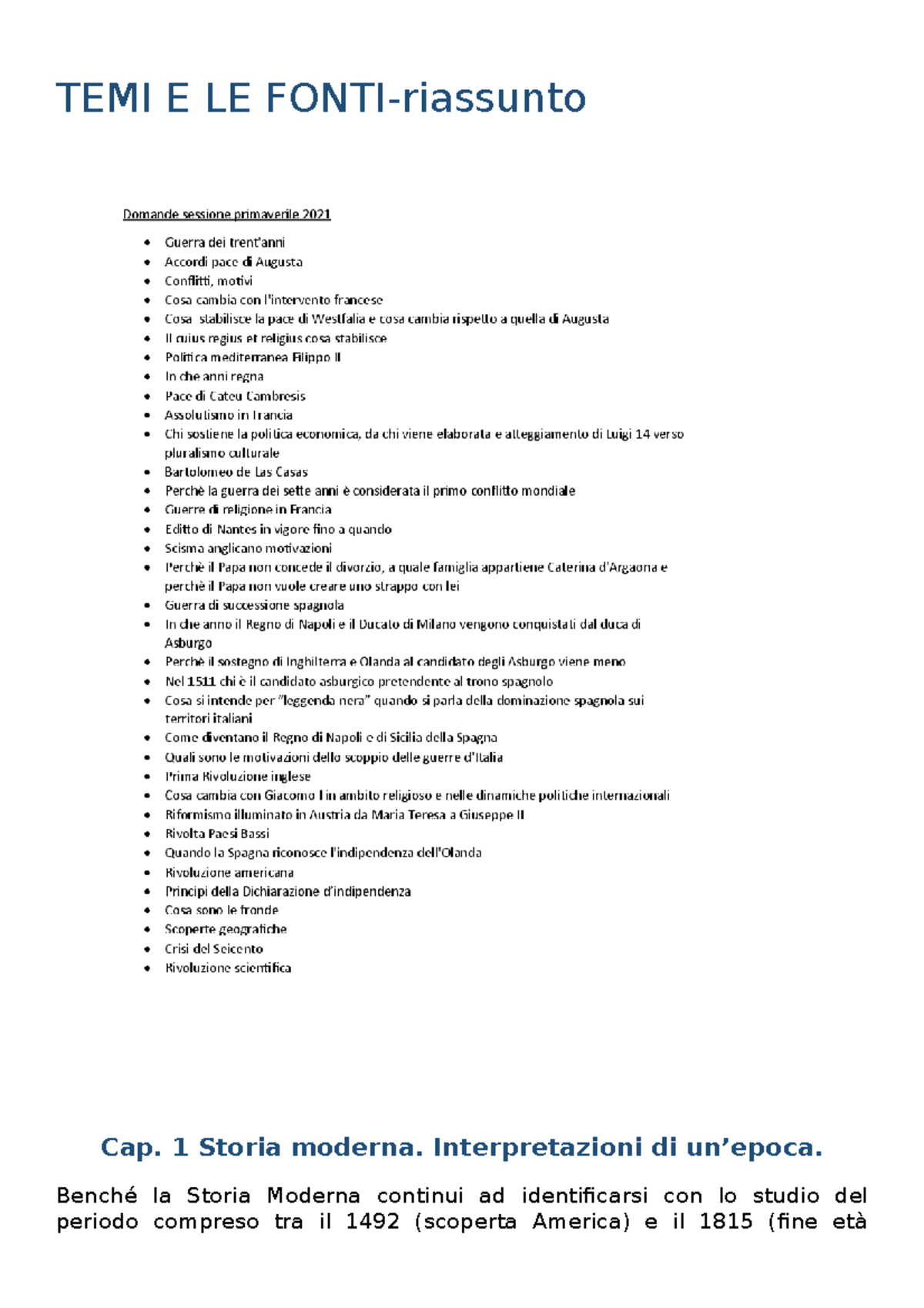 I TEMI E LE Fonti - riassunto - TEMI E LE FONTI-riassunto Cap. 1 Storia ...