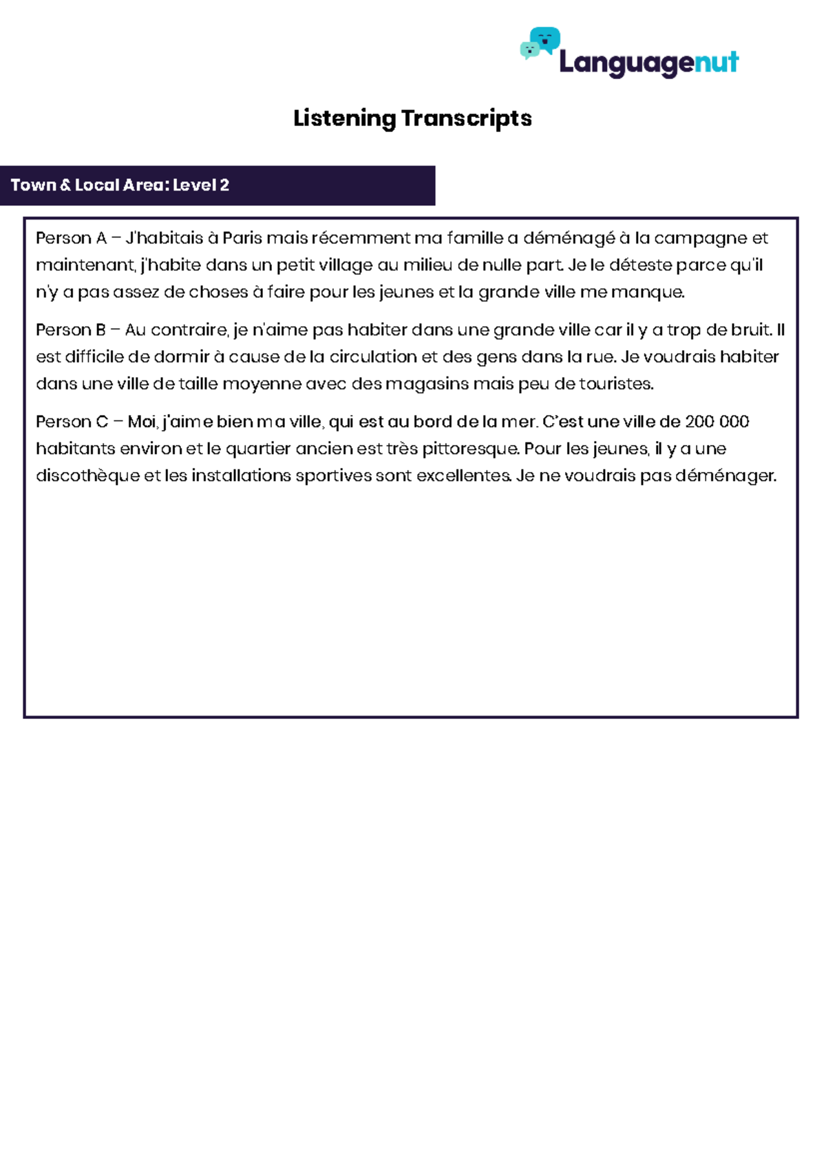 313 - Listening Transcripts Town & Local Area: Level 2 Person A – J ...