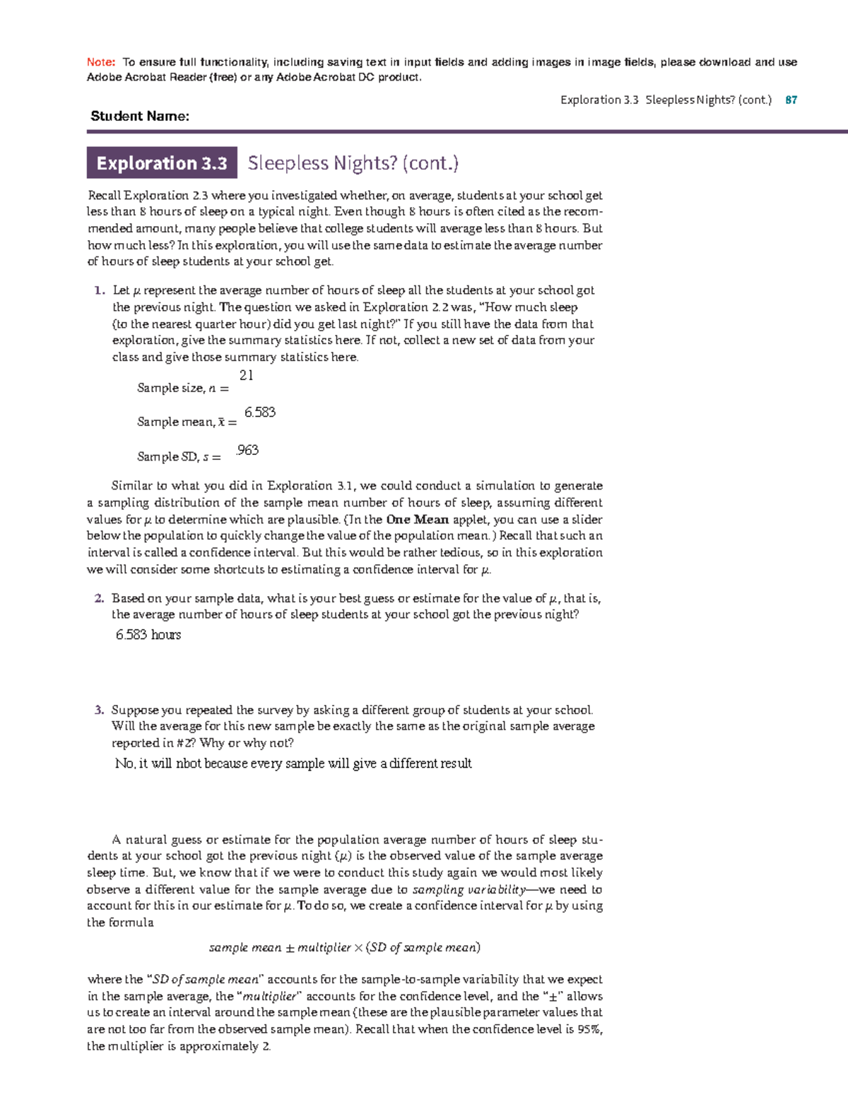 C03Exploration 3 3 Interactive Workbook copy - Exploration 3 Sleepless Nights? (cont.) 87 Note ...