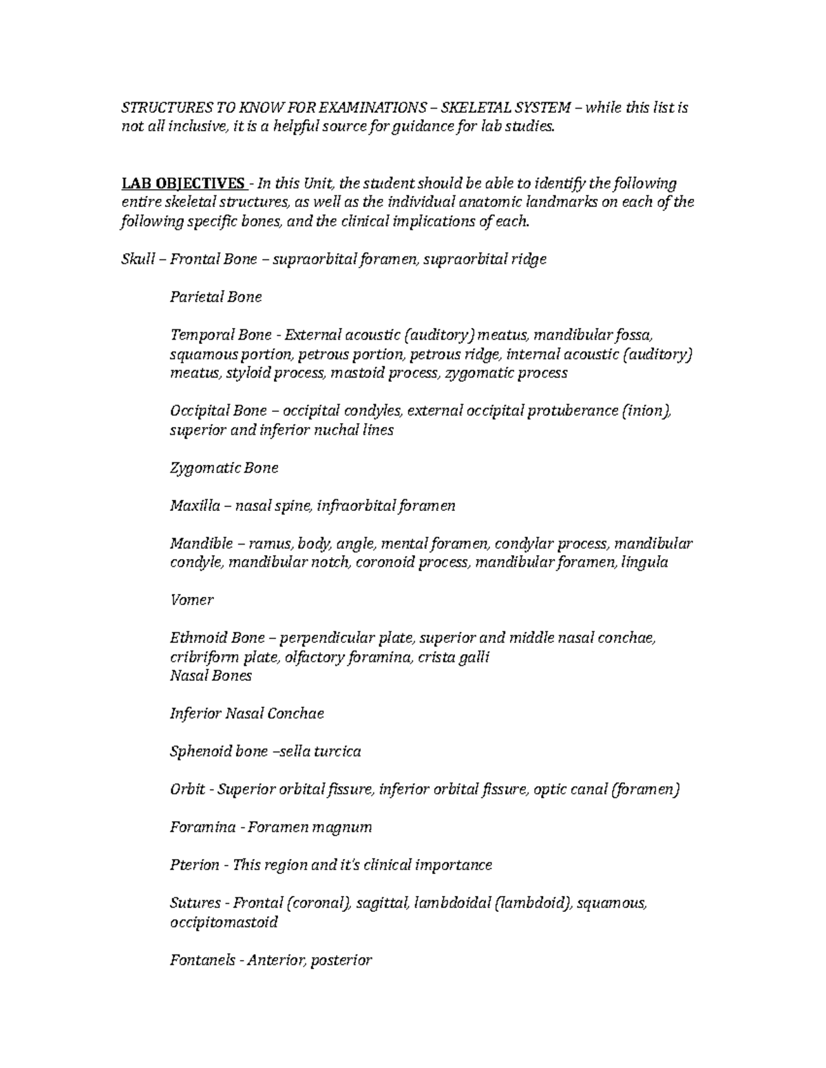 BIo 207 Lab Exam Review Sheets - 2023 - STRUCTURES TO KNOW FOR EXAMINATIONS – SKELETAL SYSTEM ...