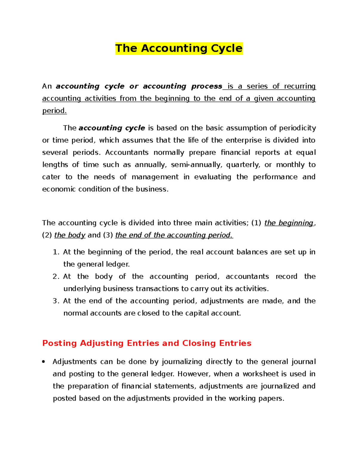 Module 8- Completing THE Accounting Cycle - The Accounting Cycle An accounting cycle or ...