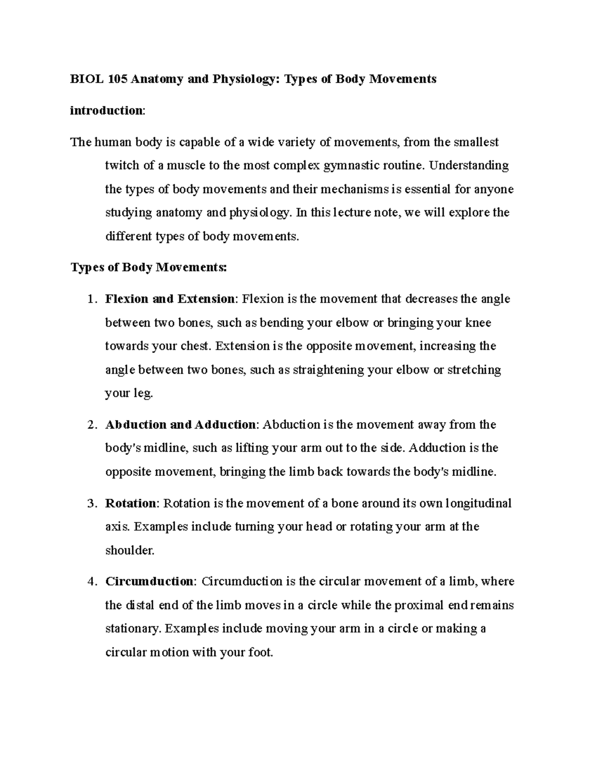 6 BIOL 105 Anatomy and Physiology Types of Body Movements - BIOL 105 ...