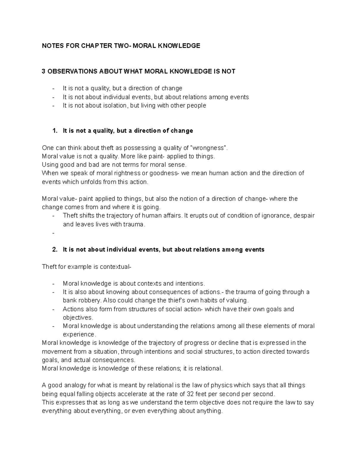 Notes for study guide assigment - NOTES FOR CHAPTER TWO- MORAL ...