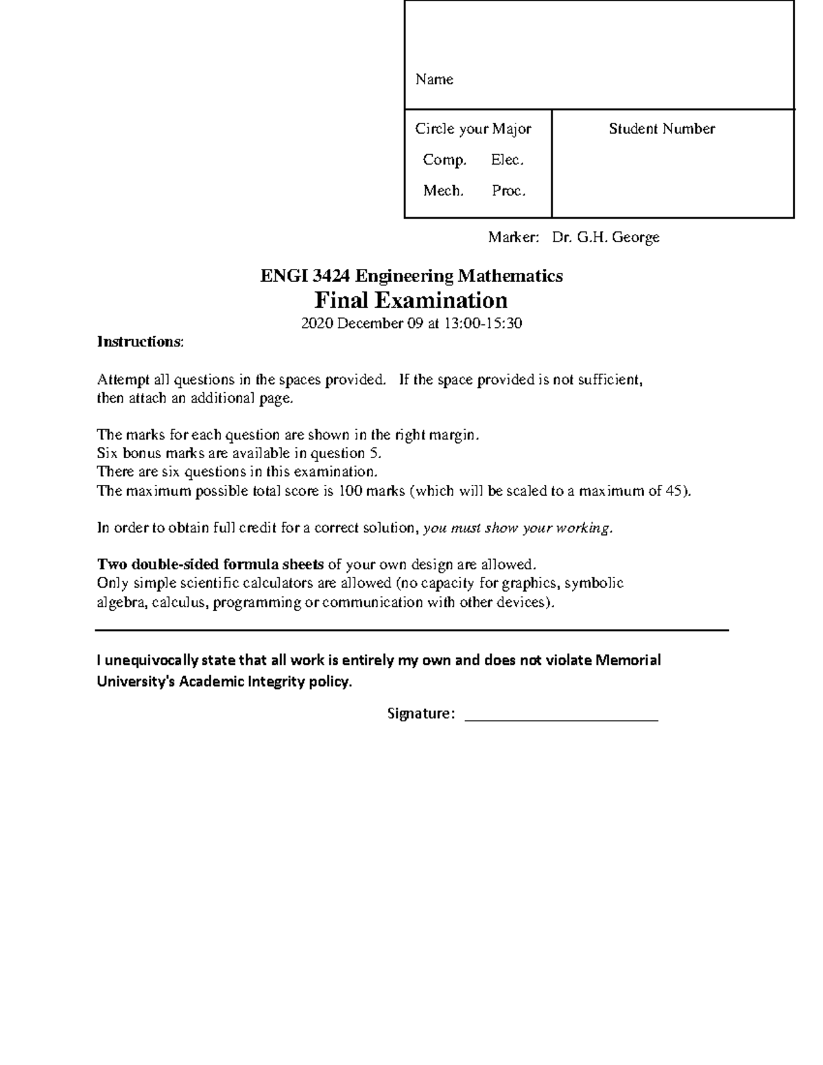 Exam 2020, questions - Marker: Dr. G. George ENGI 3424 Engineering ...