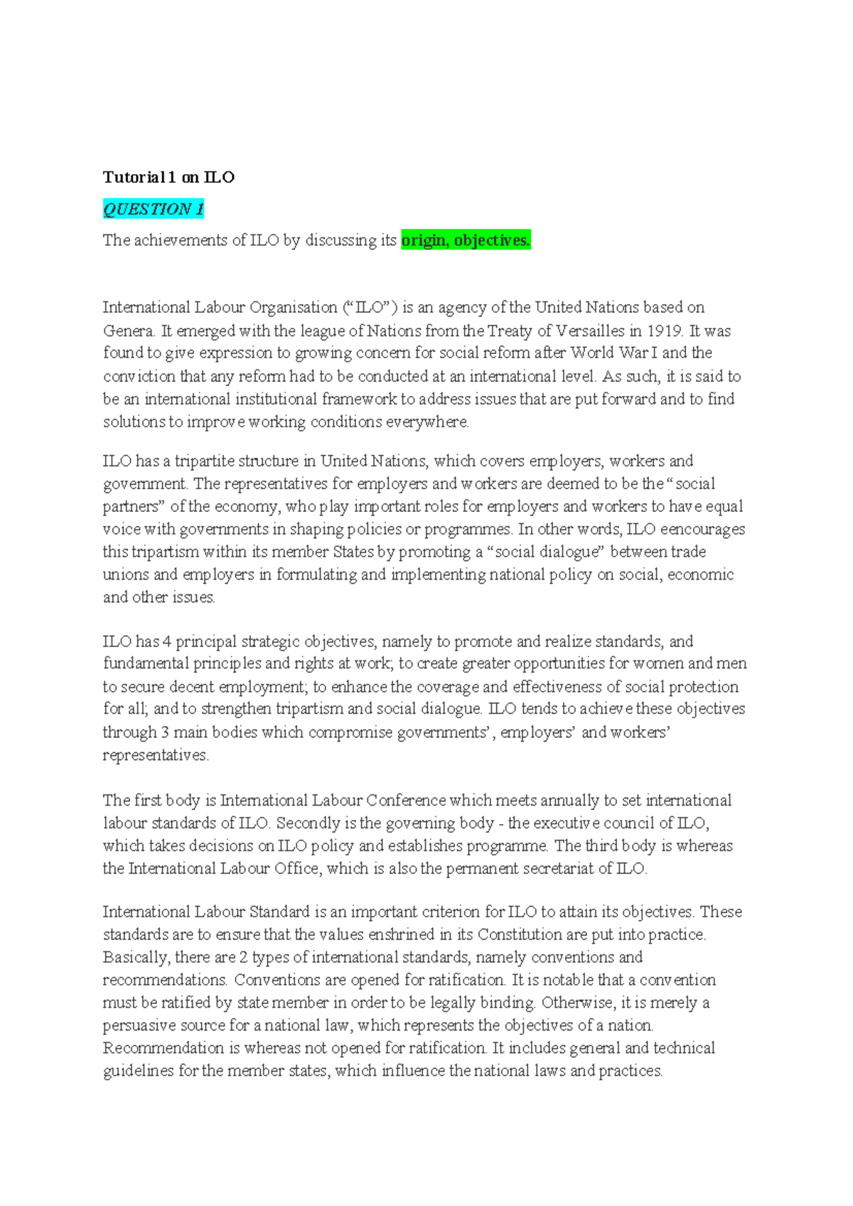 Labour LAW TUTO W2 - Tutorial 1 on ILO QUESTION 1 The achievements of ...