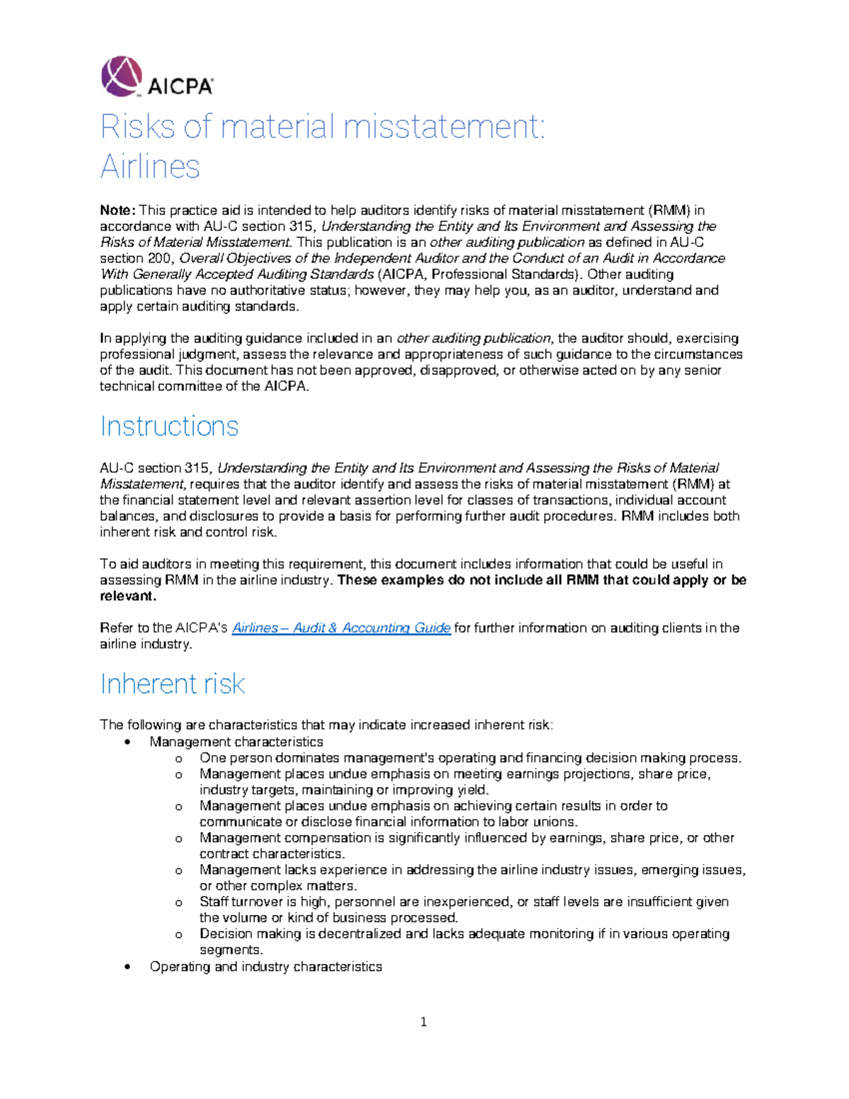 Audit for Airlines - ... - 1 Risks of material misstatement: Airlines ...