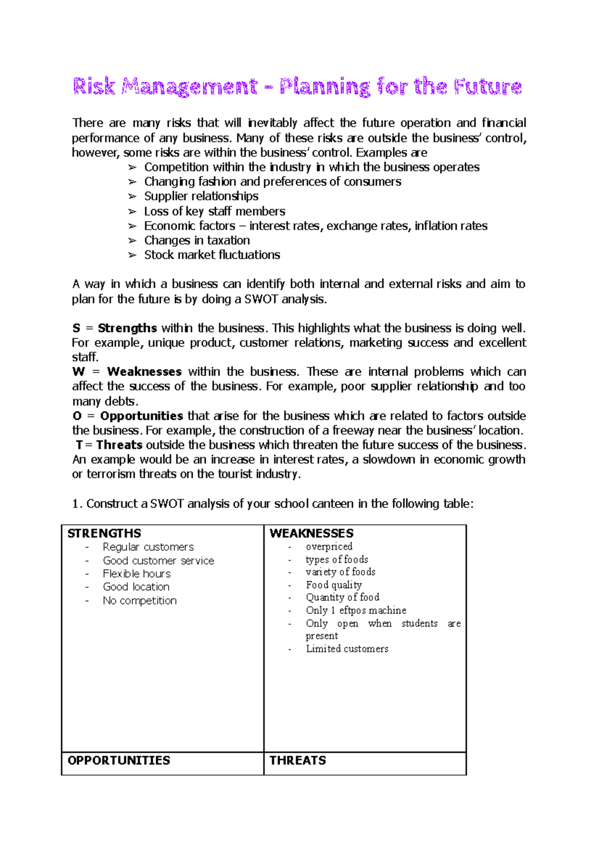 Risk Management – SWOT - tafe - Risk Management – Planning for the ...