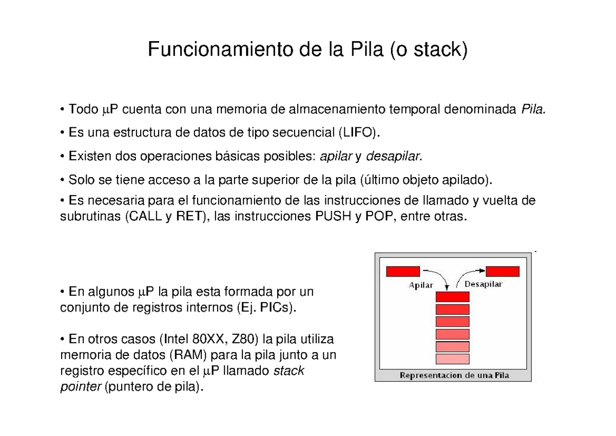 Instrucciones de Pila - Ensamblador - Funcionamiento de la Pila (o stack) • Todo μ P cuenta con ...