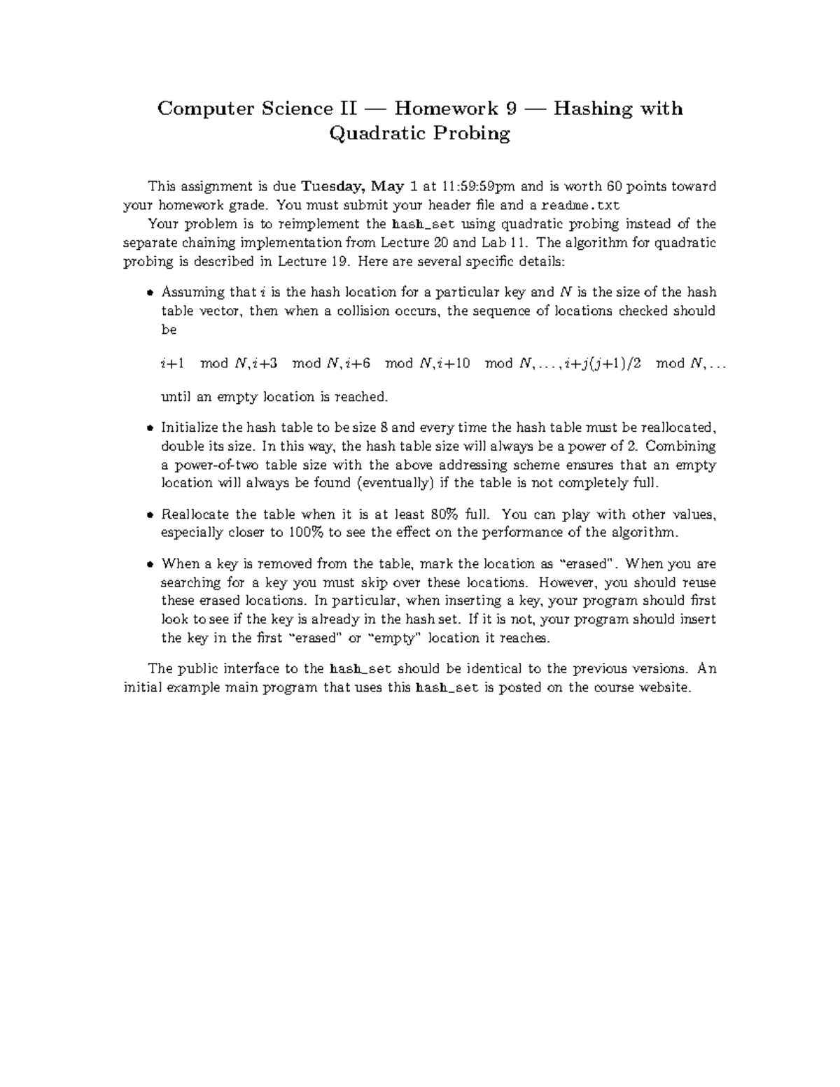 Hw9 - homework - Computer Science II — Homework 9 — Hashing with ... Hw9 - homework - Computer Science II — Homework 9 — Hashing with ...