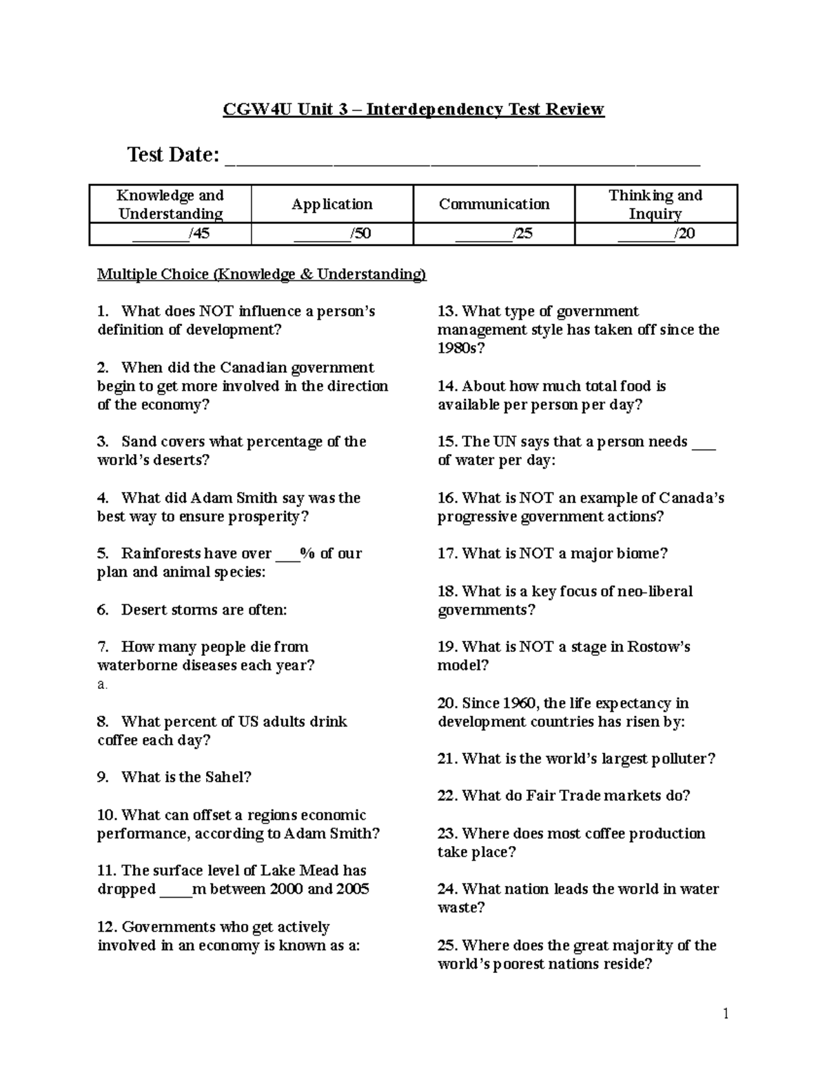 Unit 3 test review - Comprehensive course notes on world issues ...